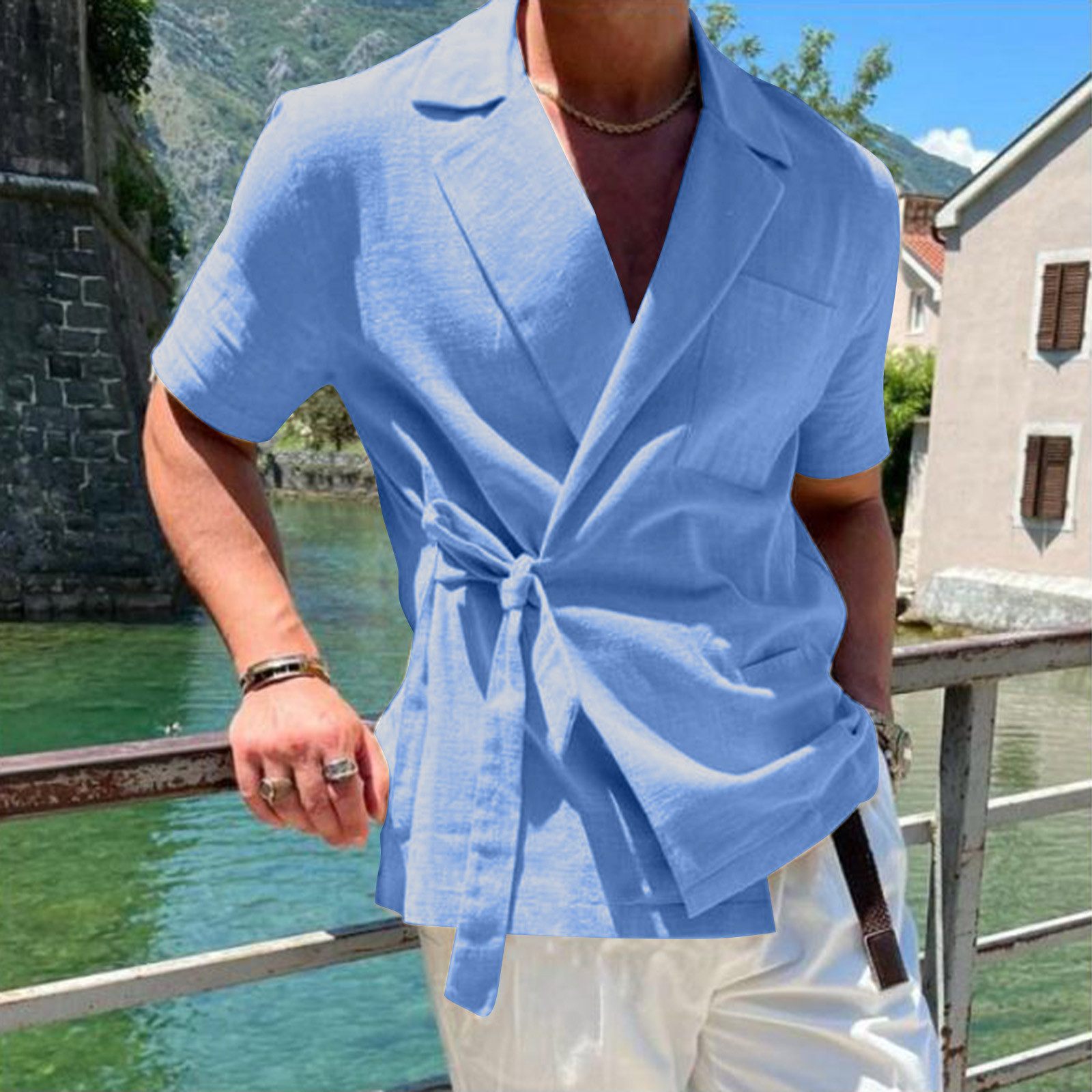 TOFOTL Men's Solid Color Cotton Linen Suit With Lapel And Tie Up Short Sleeved Shirt - Walmart.com