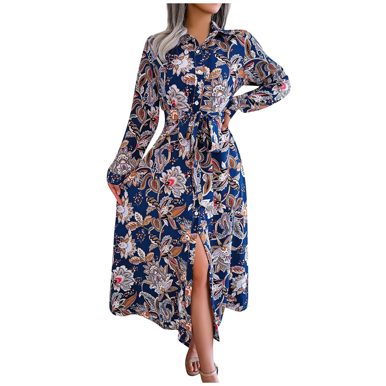TOFOTL Women's Floral Dress Fashion Button Down Long Sleeve Lapel ...