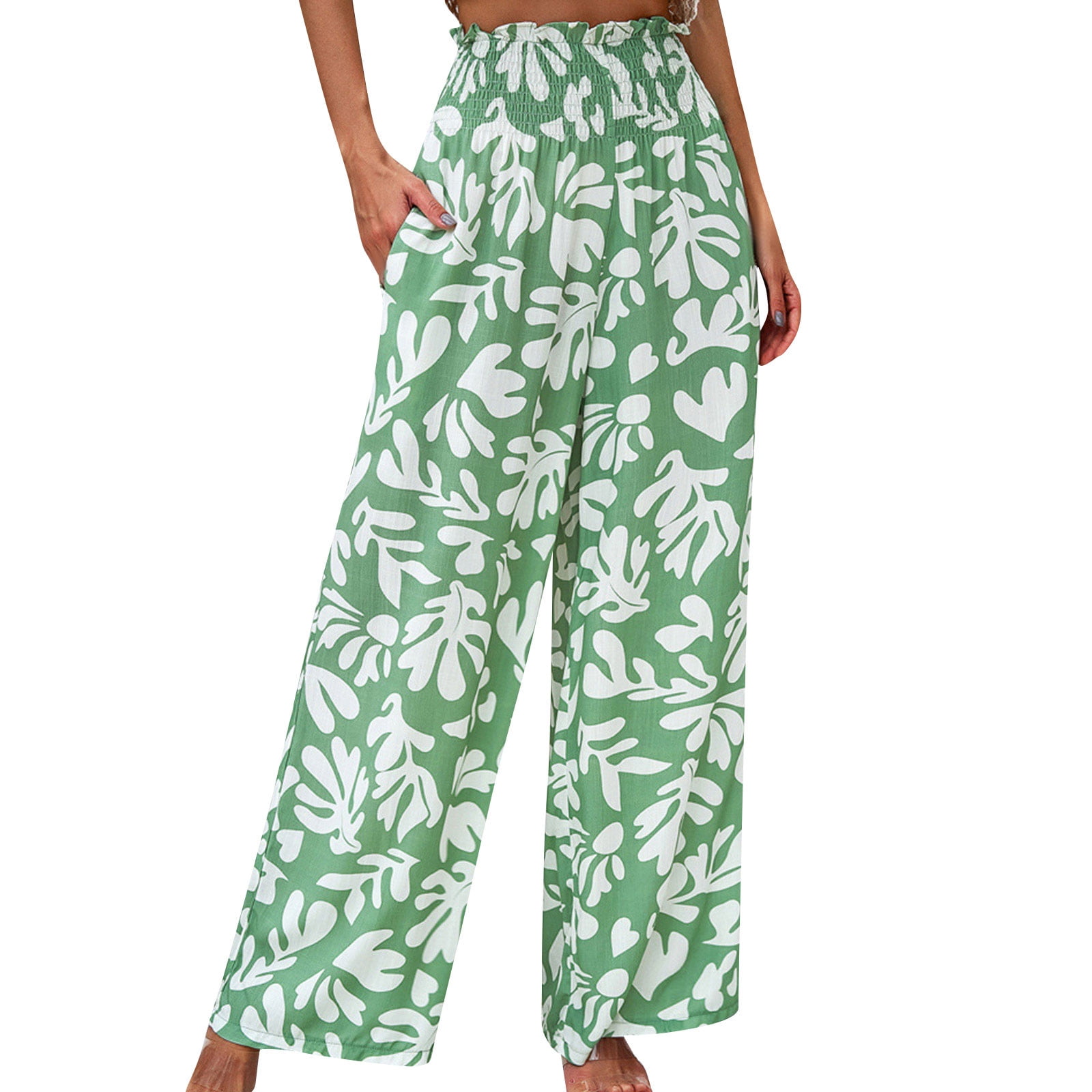 Tofotl Womens Floral Pants Summer High Waist Wide Leg Straight Plus