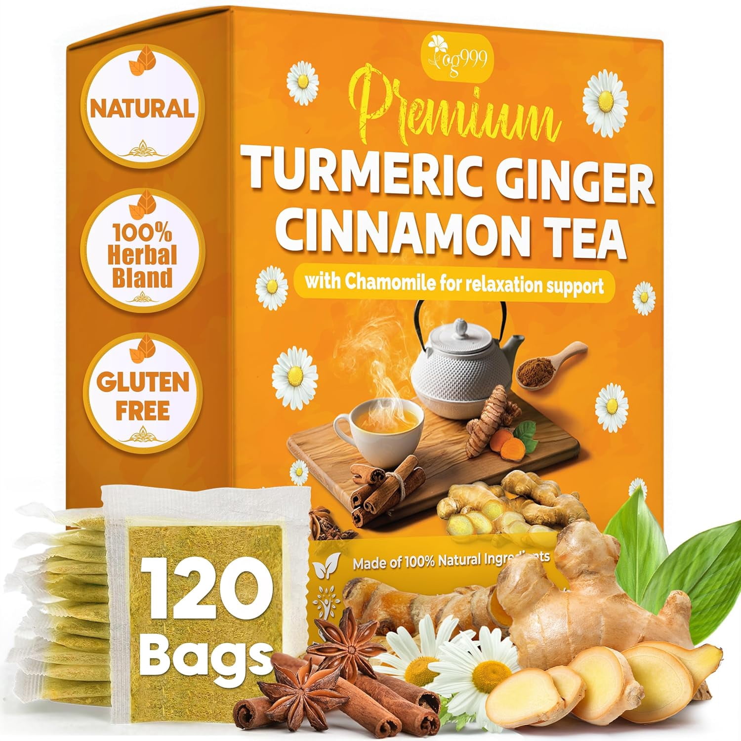 TOG999, Turmeric Ginger Cinnamon Tea Bags | 120 Count | Herbal Blend ...