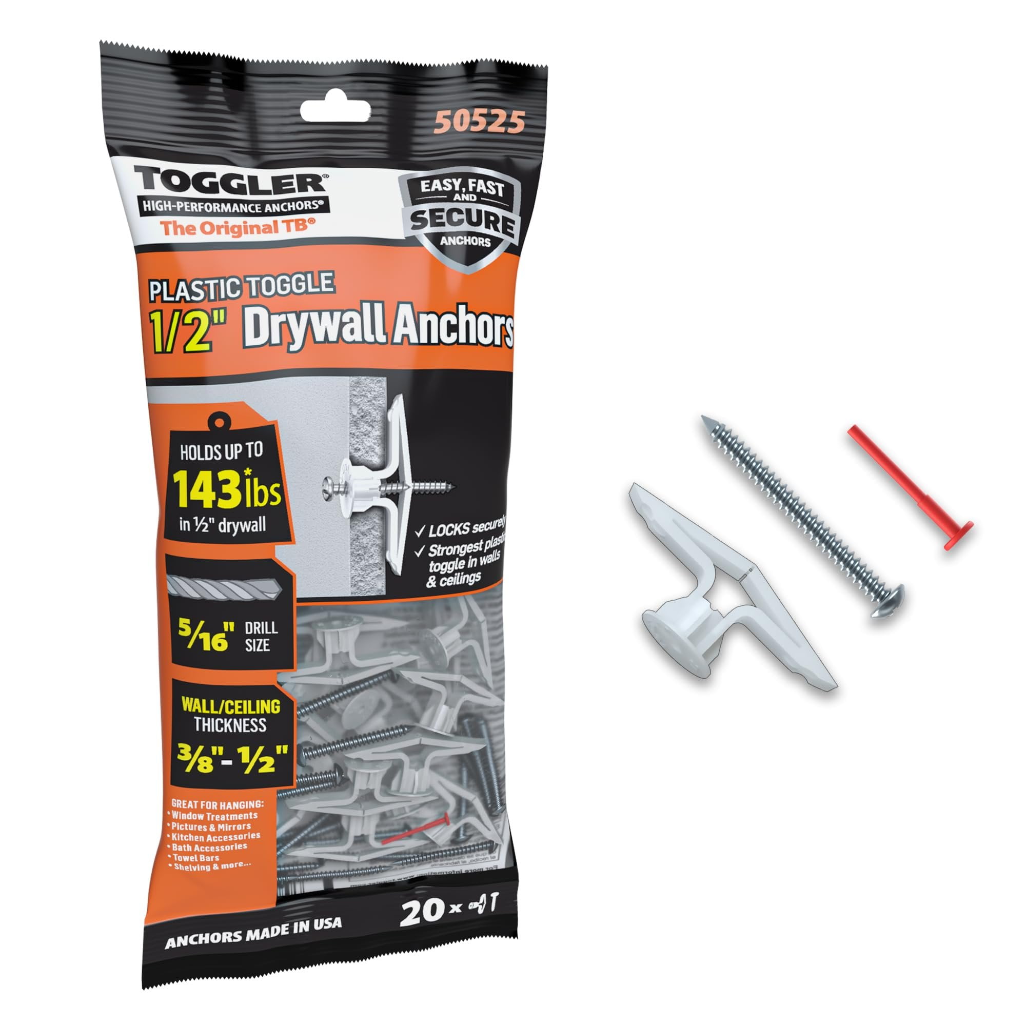 TOGGLER Toggle TB Residential Drywall Anchor with Screws, Polypropylene ...