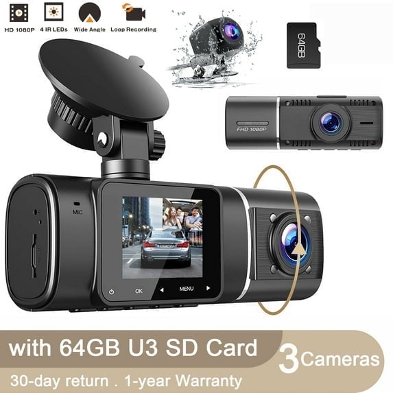 TOGUARD 3 Channel Dash Cam Front and Inside 1080P Full HD 1.5” Car ...