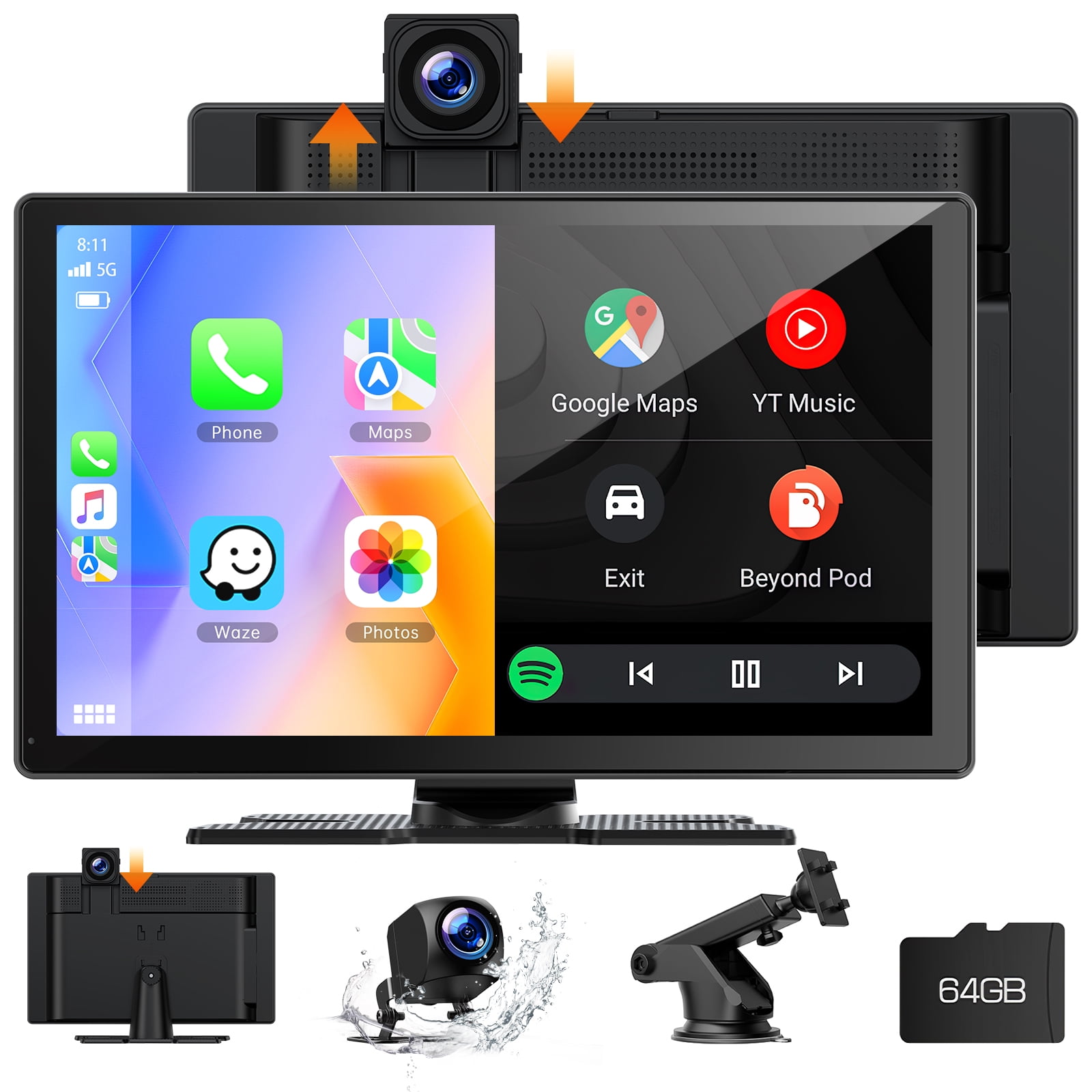 TOGUARD 9'' Wireless Carplay Screen Portable Car Stereo with 4K Dash ...