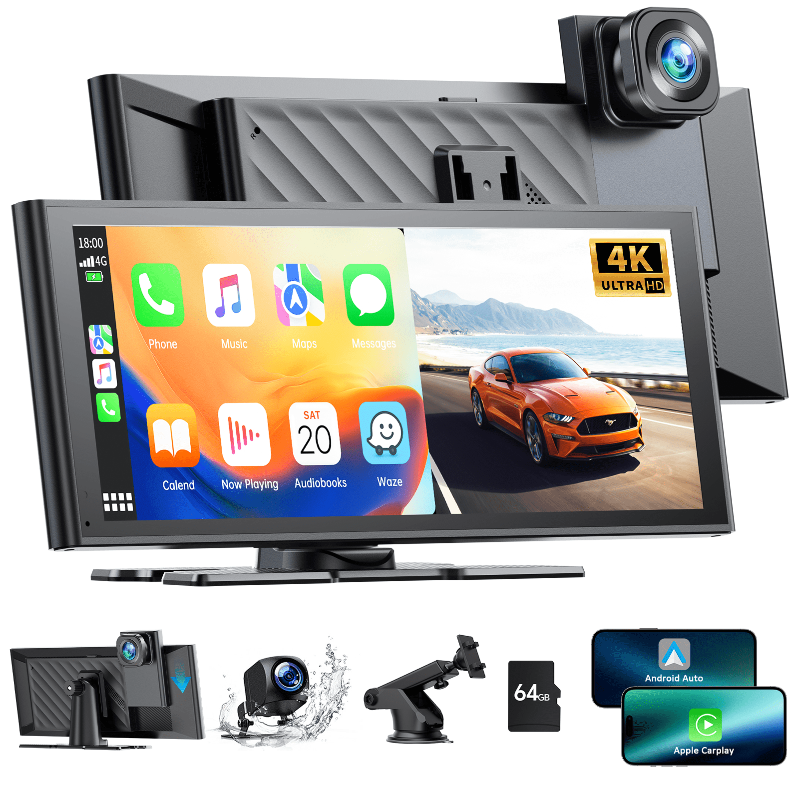 TOGUARD Apple CarPlay Wireless Car Stereo with 4K Dash Cam Front and Rear, 9.26" Touch Screen ...