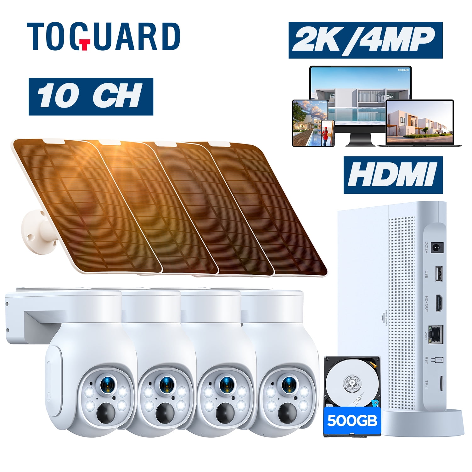 TOGUARD 2K Solar Wireless Security Camera, 10CH NVR, Outdoor WiFi Dome ...