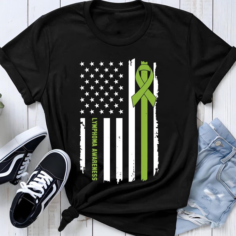 TOKAIPlus Lymphoma Cancer Team Shirt, Lime Green Ribbon US Flag Tee ...