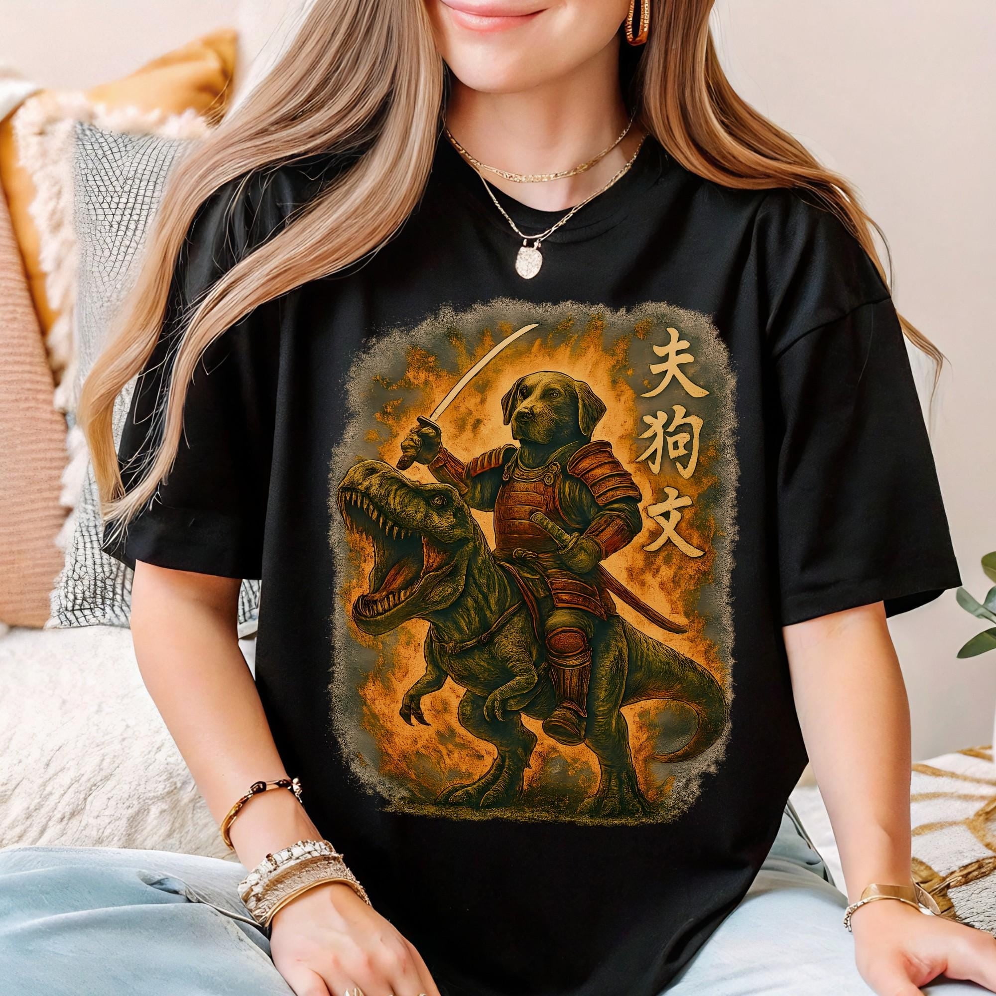 TOKAIPlus Samurai Dog Riding Dinosaur Shirt Funny Warrior Animal ...