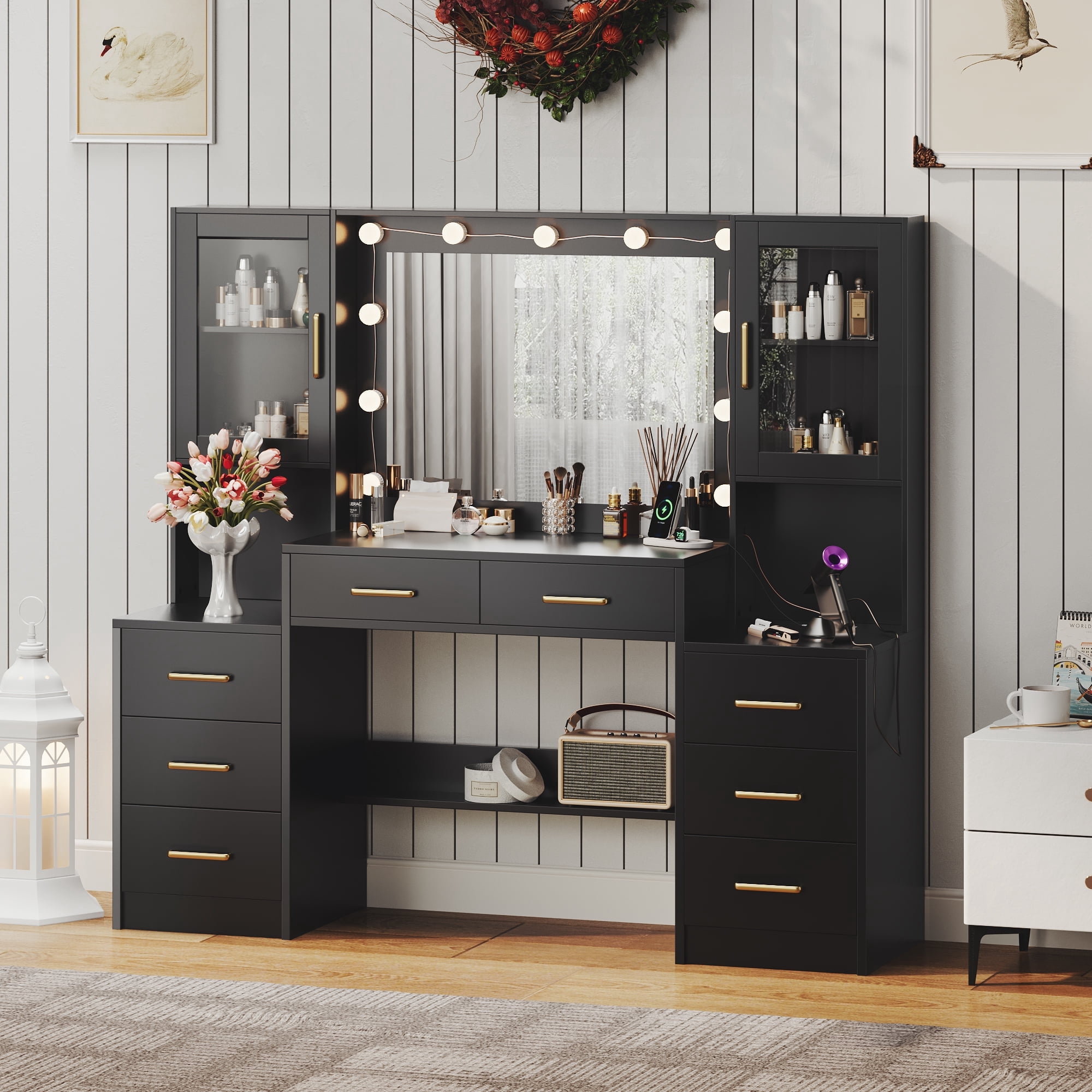 TOKSOM Makeup Vanity Desk with Lighted Mirror and Charging Station ...