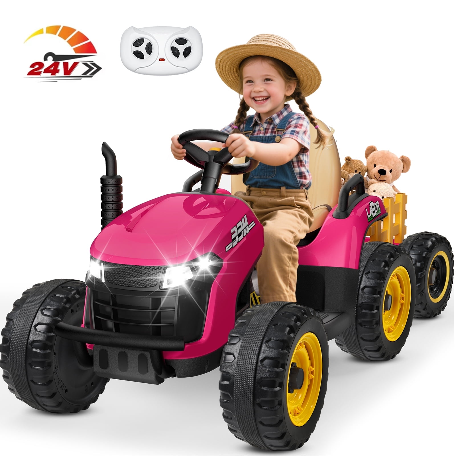 TOKTOO 24V Pink Ride on Tractor for Kids, Remote Control, EVA Tires ...