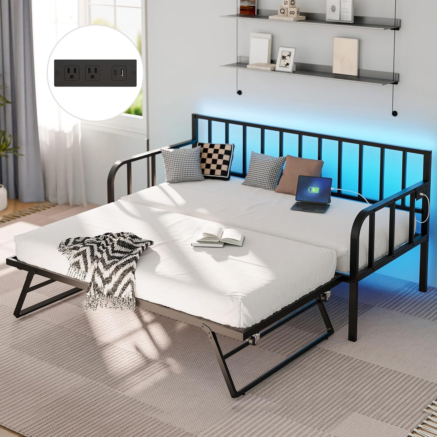 TOLEAD Daybed with Trundle, Metal Day Bed with Charging Station and LED ...