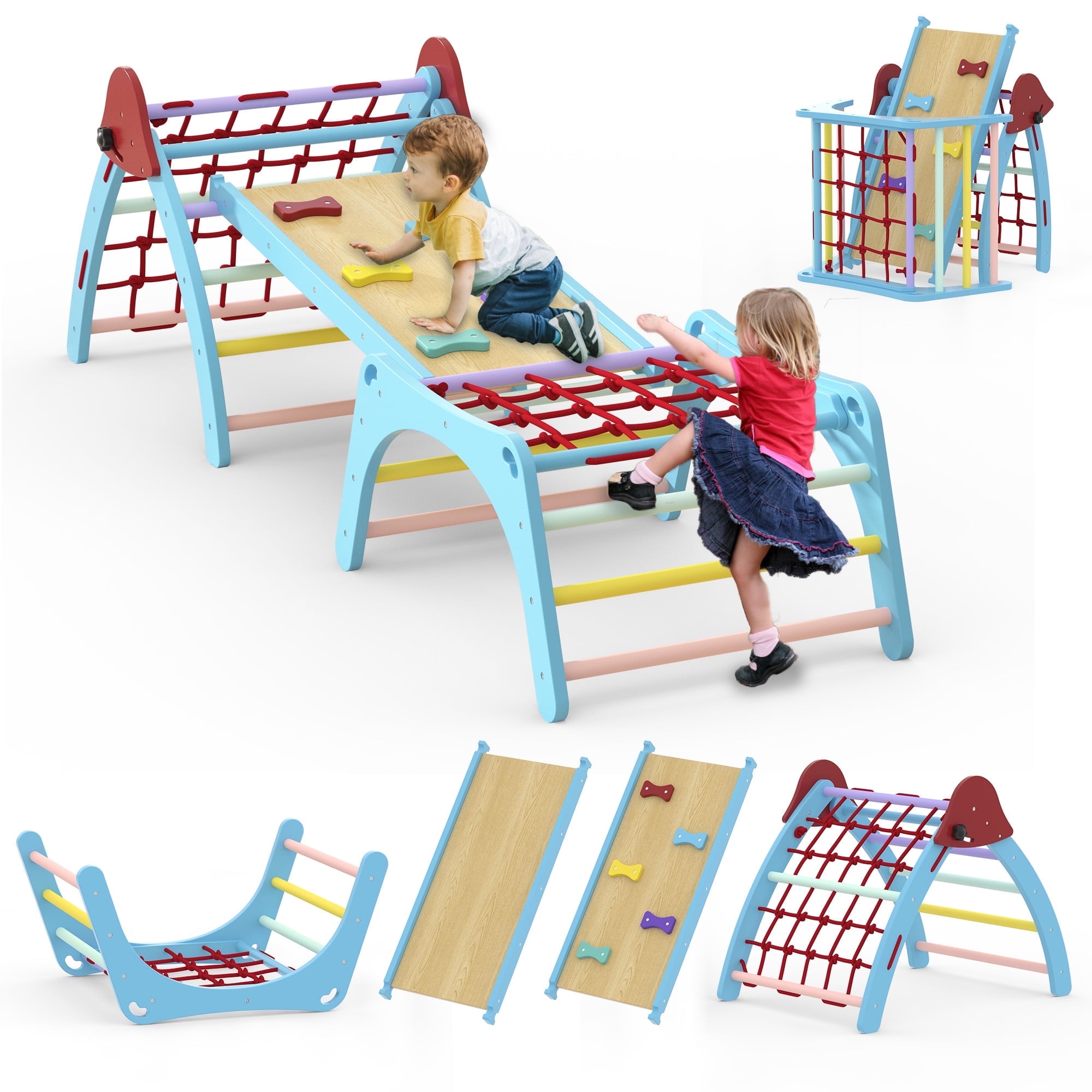 TOLEAD Foldable Wooden Pikler Triangle Climbing Set, 6-in-1 Indoor ...