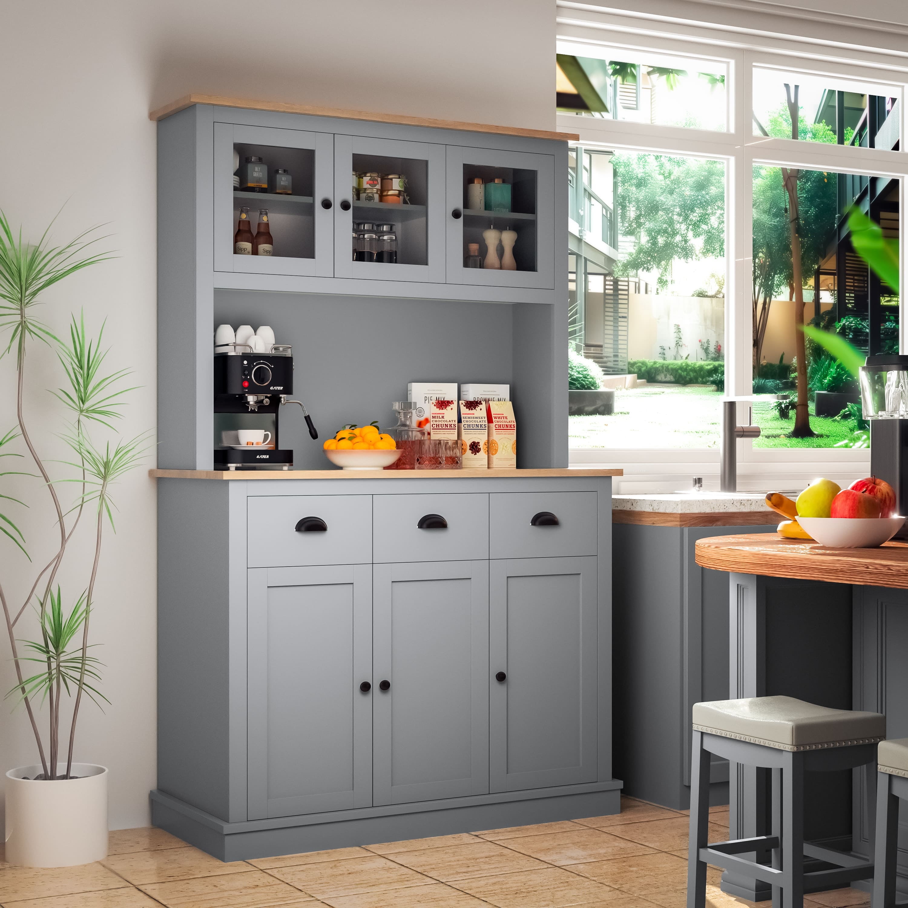 TOLEAD Freestanding Kitchen Hutch with Countertop, Storage Drawers, and ...