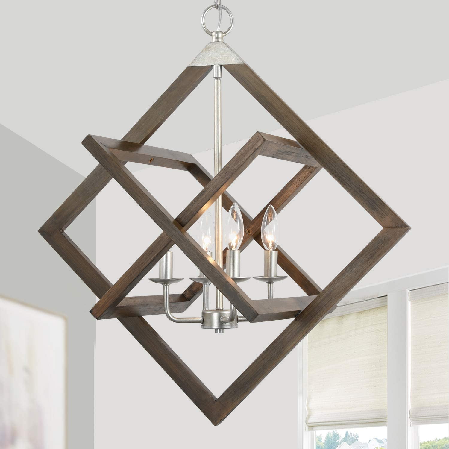 TOMIYA 4 Light Silver & Coffee Brown Pendant Light ,Rectangle Wood Chandelier for Dining Room ...