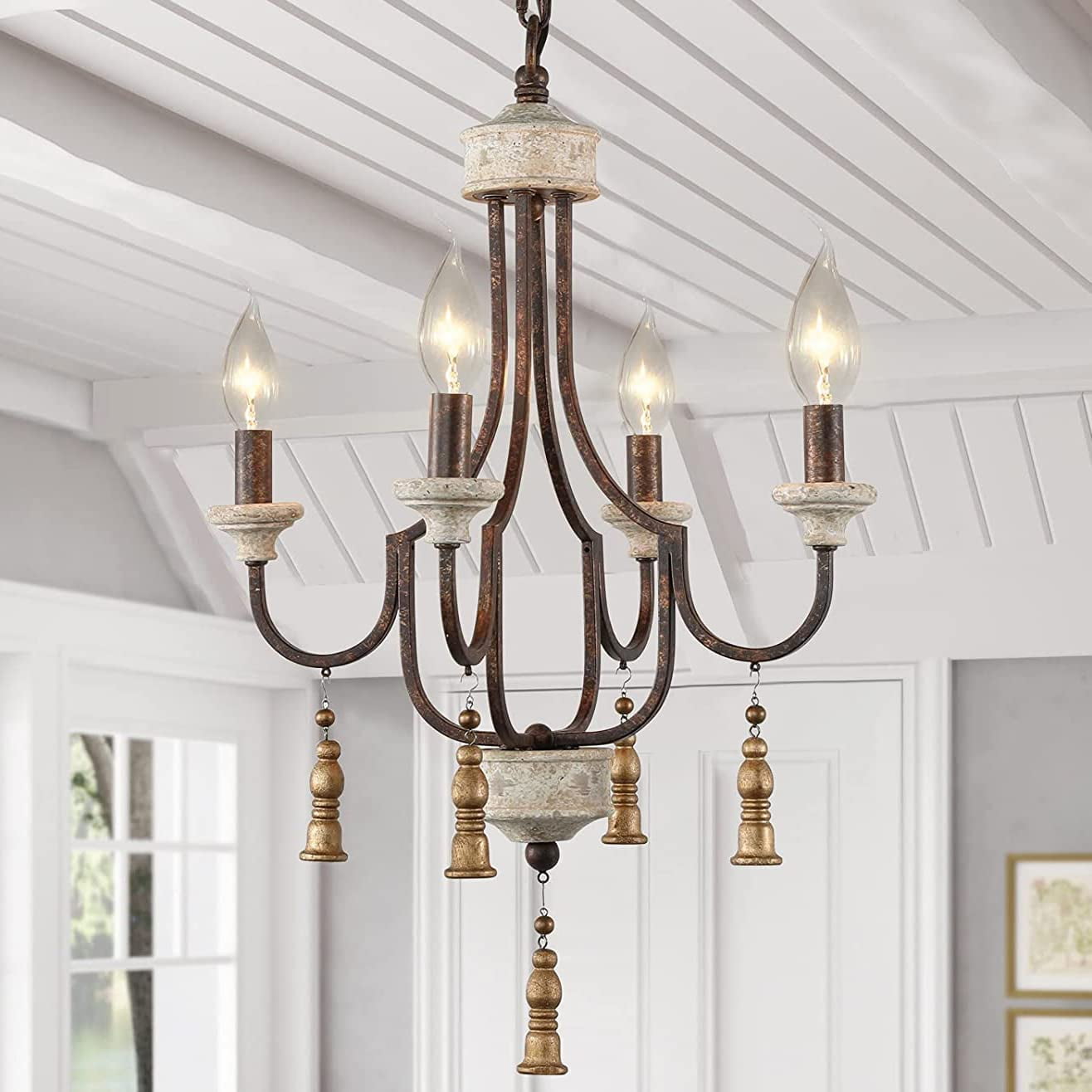 TOMIYA French Chandelier Foyer Light Fixtures, 4-Light Farmhouse Wood ...