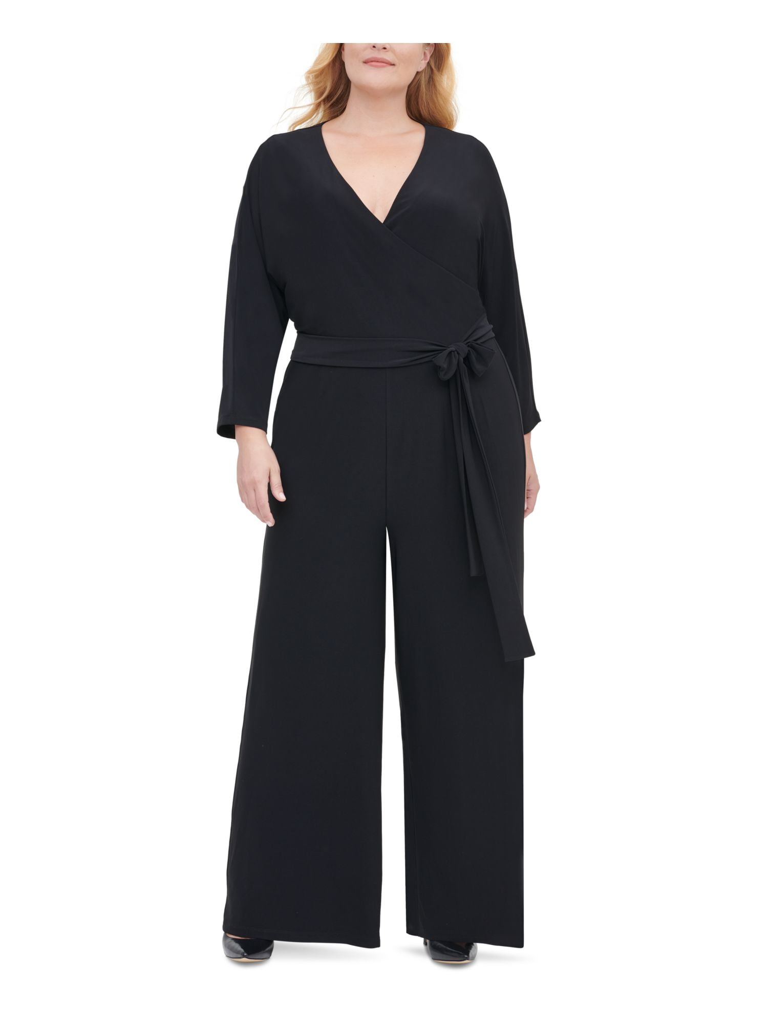 Tommy Hilfiger Womens Black Long Sleeve V Neck Wide Leg Jumpsuit Plus