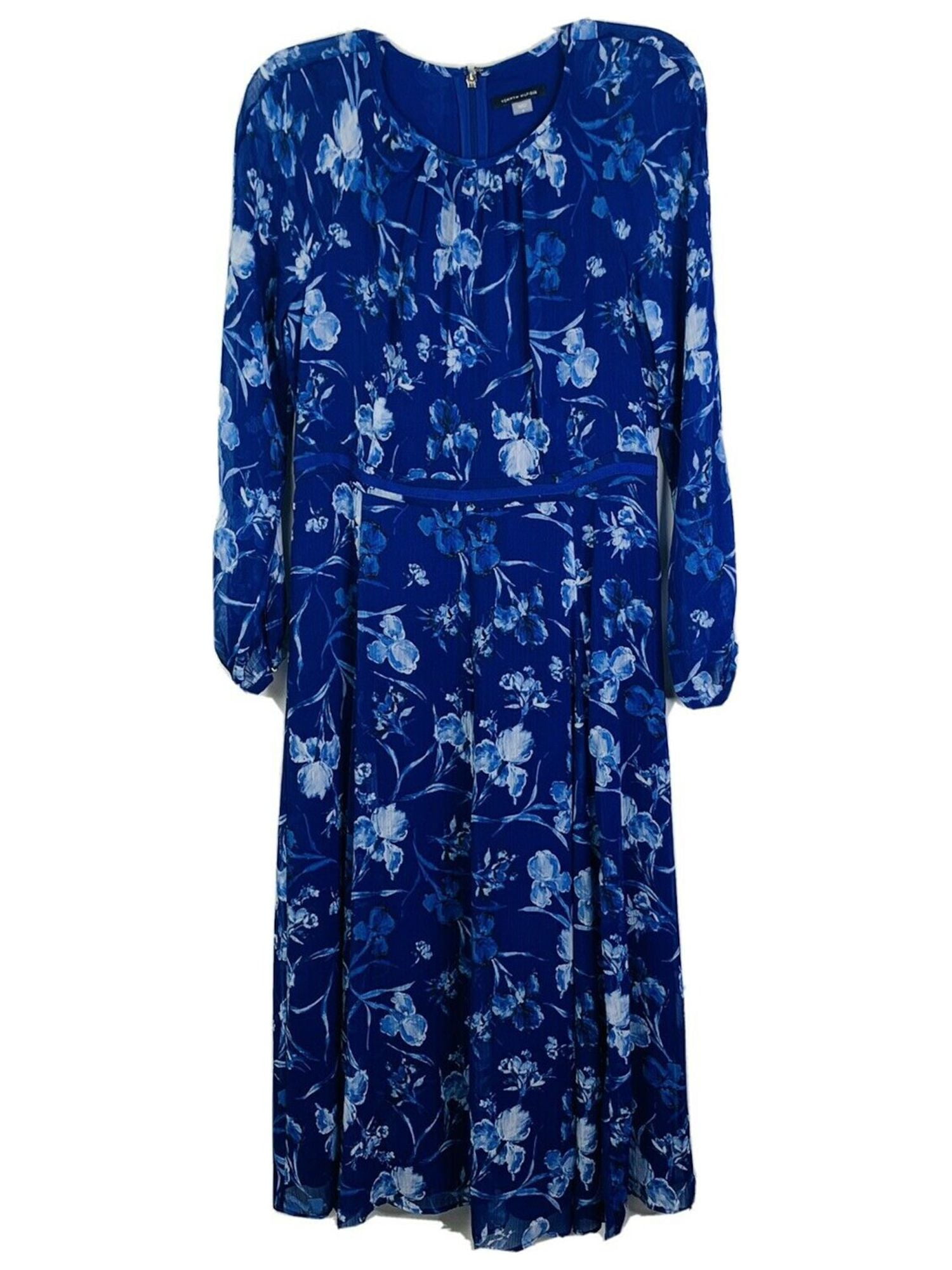 Tommy Hilfiger Womens Blue Tie Zippered Floral Long Sleeve Split Midi