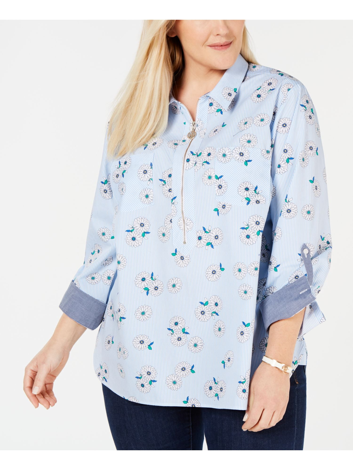 TOMMY HILFIGER Womens Light Blue Floral 3/4 Sleeve Zip Neck Top Plus ...