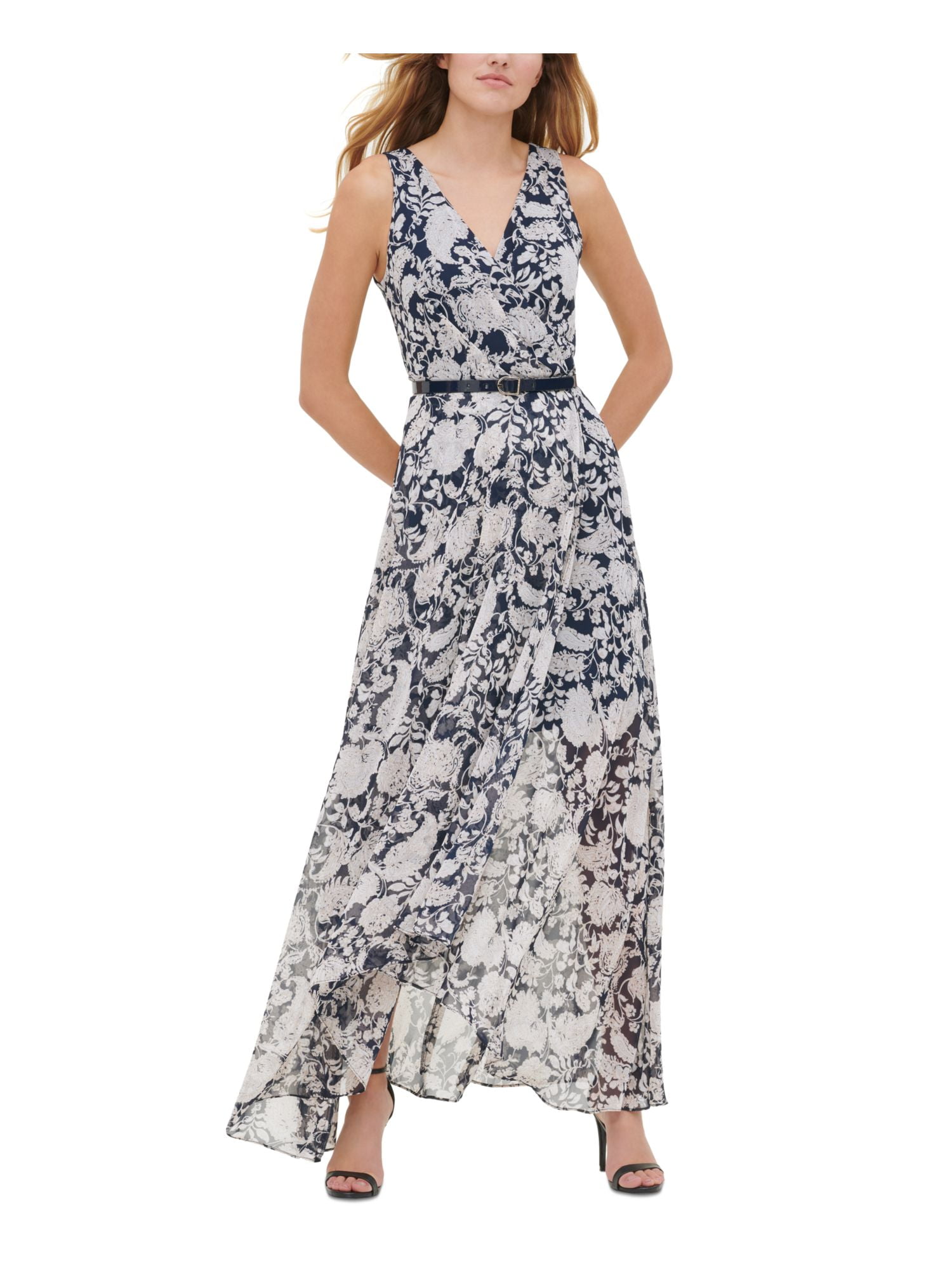 Tommy Hilfiger Womens Navy Belted Zippered Lined Floral Sleeveless