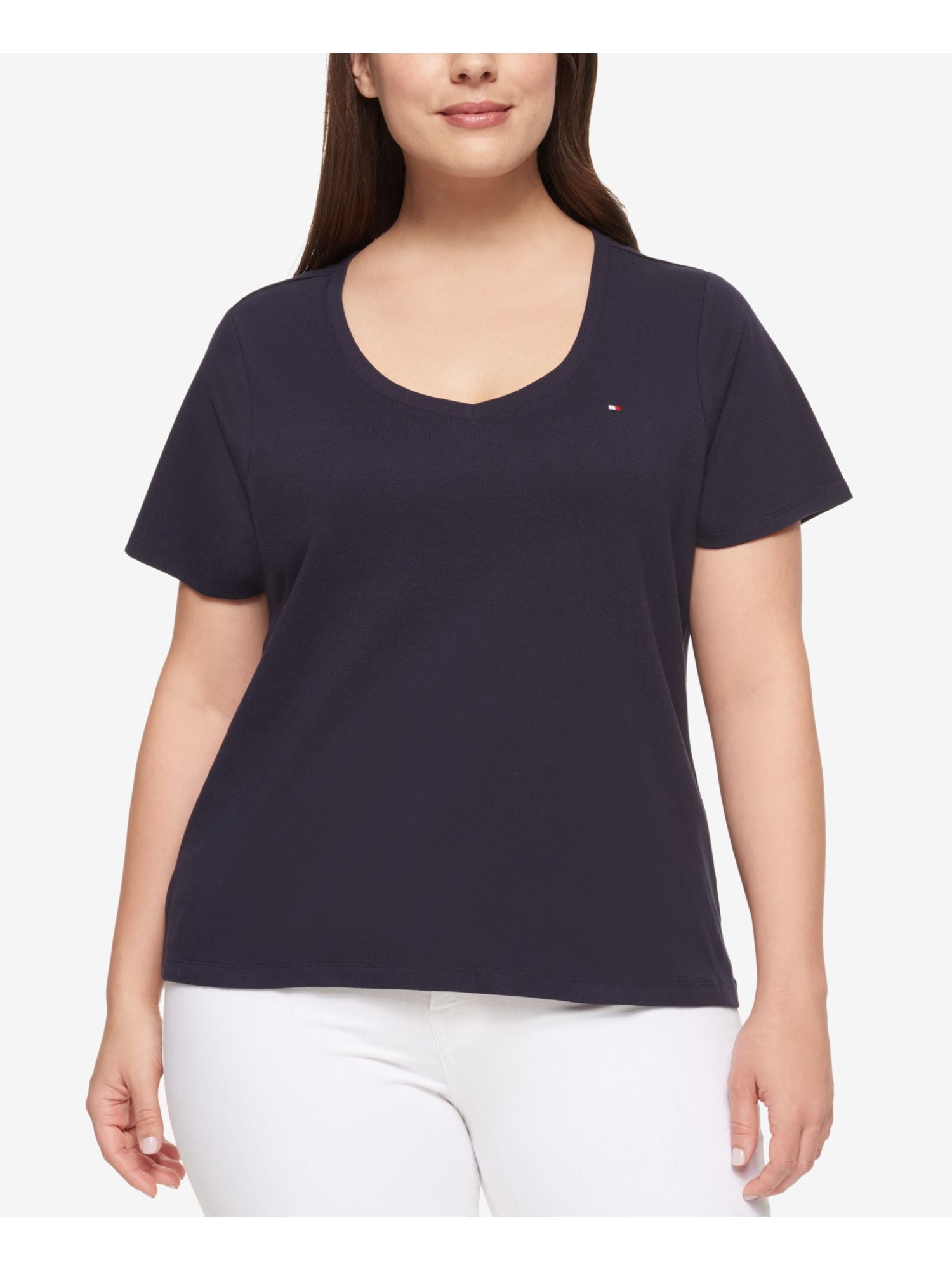 TOMMY HILFIGER Womens Navy Short Sleeve V Neck T-Shirt Plus Size: 1X ...