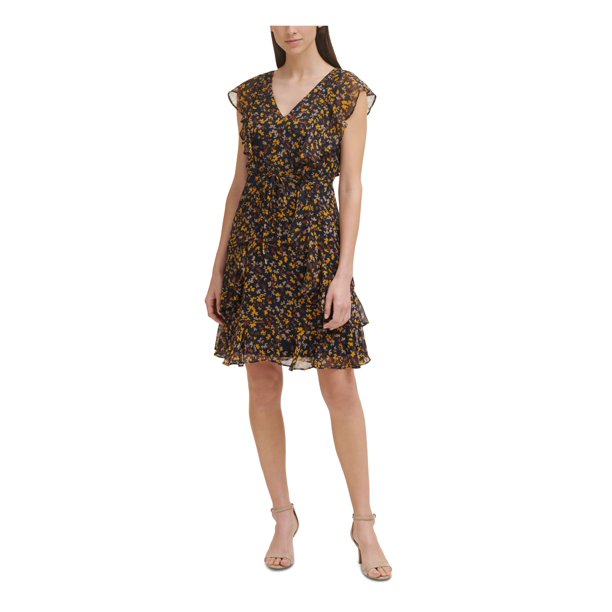 Tommy Hilfiger Womens Navy Zippered Ruffled Tie Belt Sheer Tie Floral