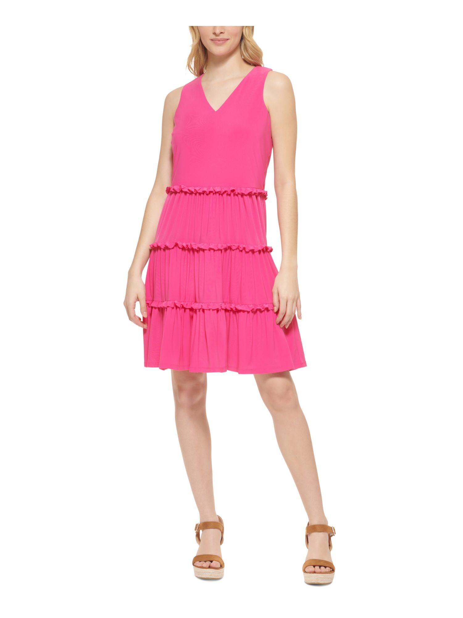 Tommy Hilfiger Womens Pink Ruffled Tiered Lined Pullover Sleeveless V