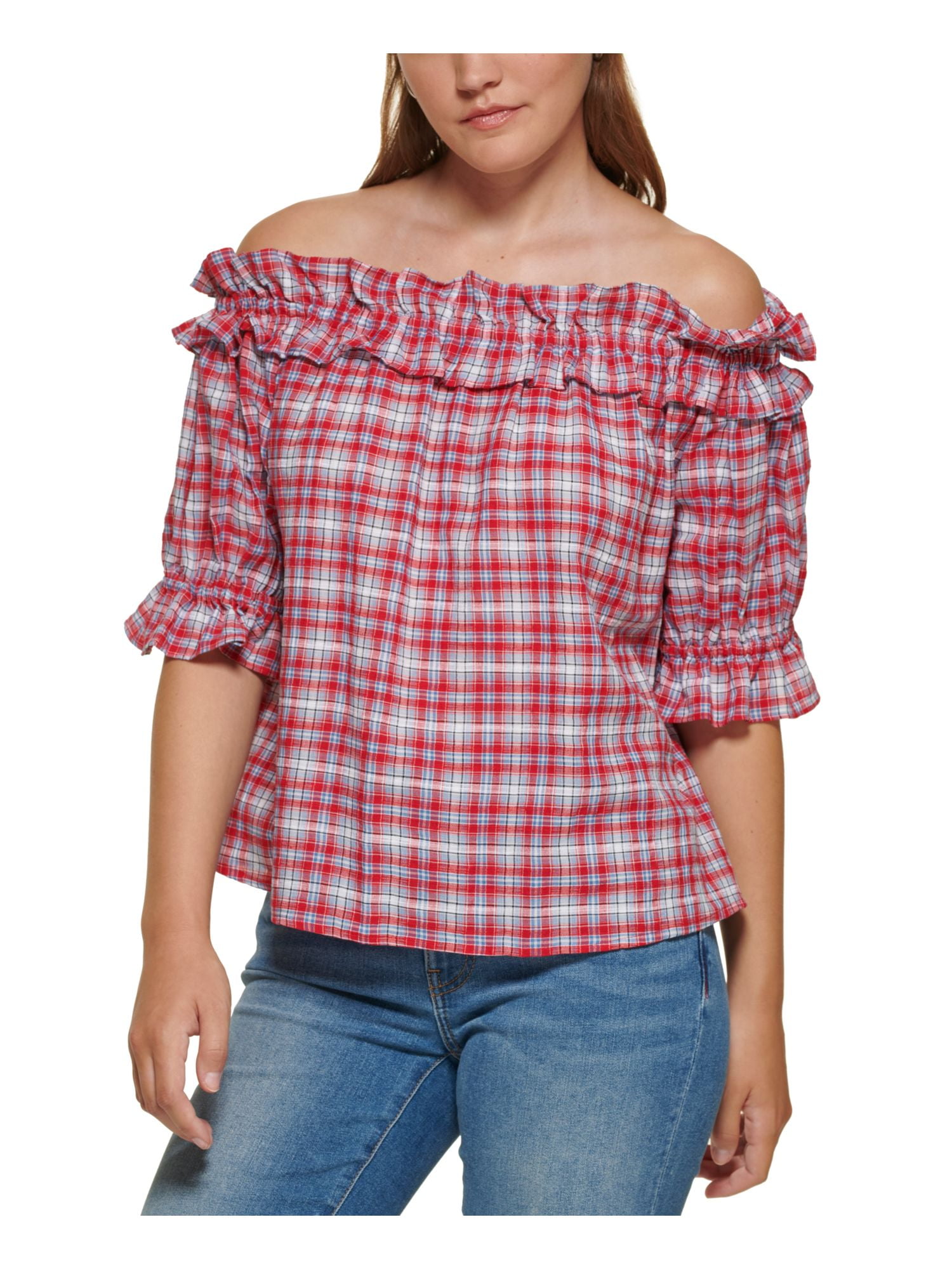 TOMMY HILFIGER Womens Red Ruffled Pullover Plaid Elbow Sleeve Off ...