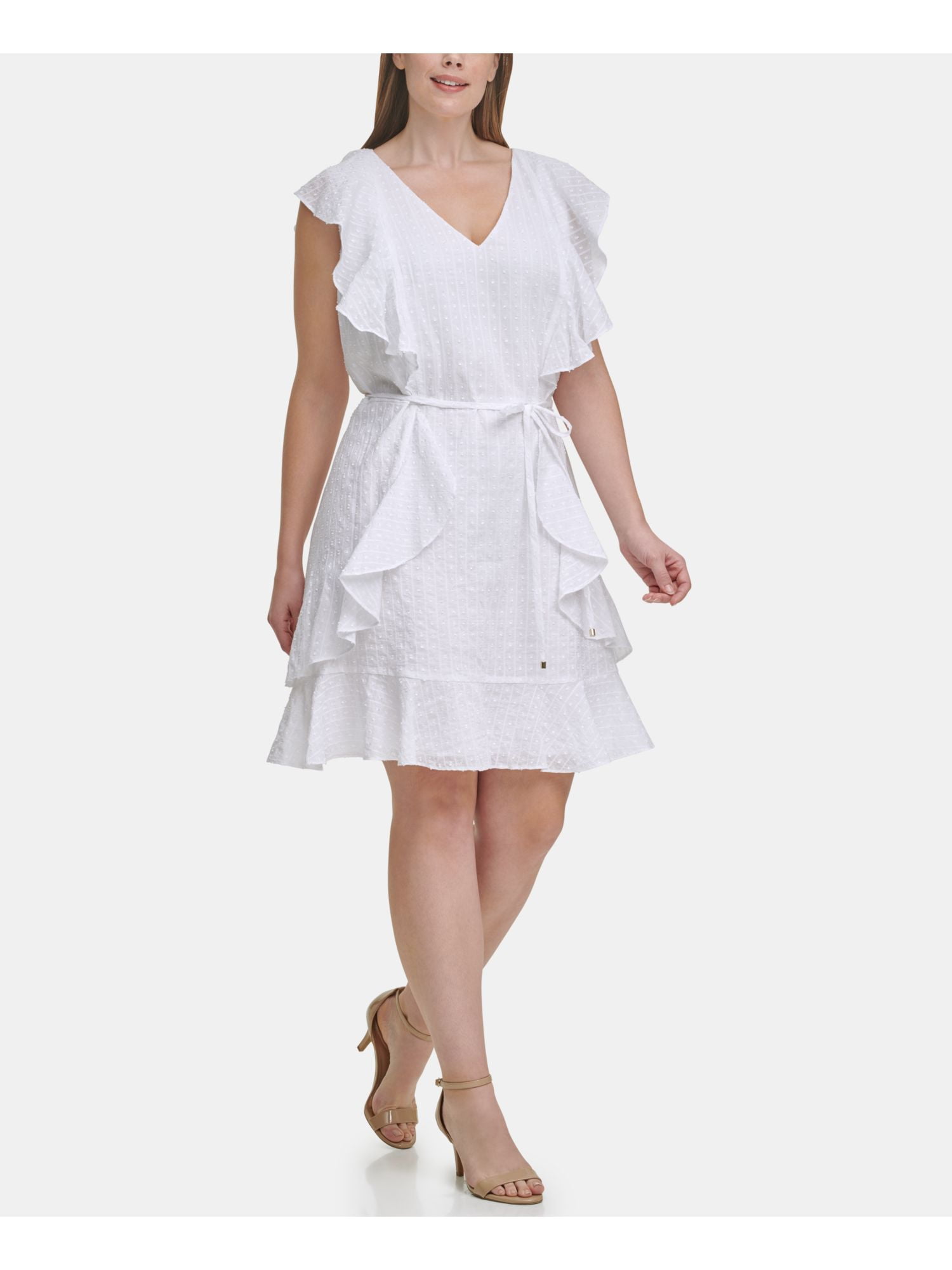 Tommy Hilfiger Womens White Zippered Ruffled Self Tie Waist Cap Sleeve