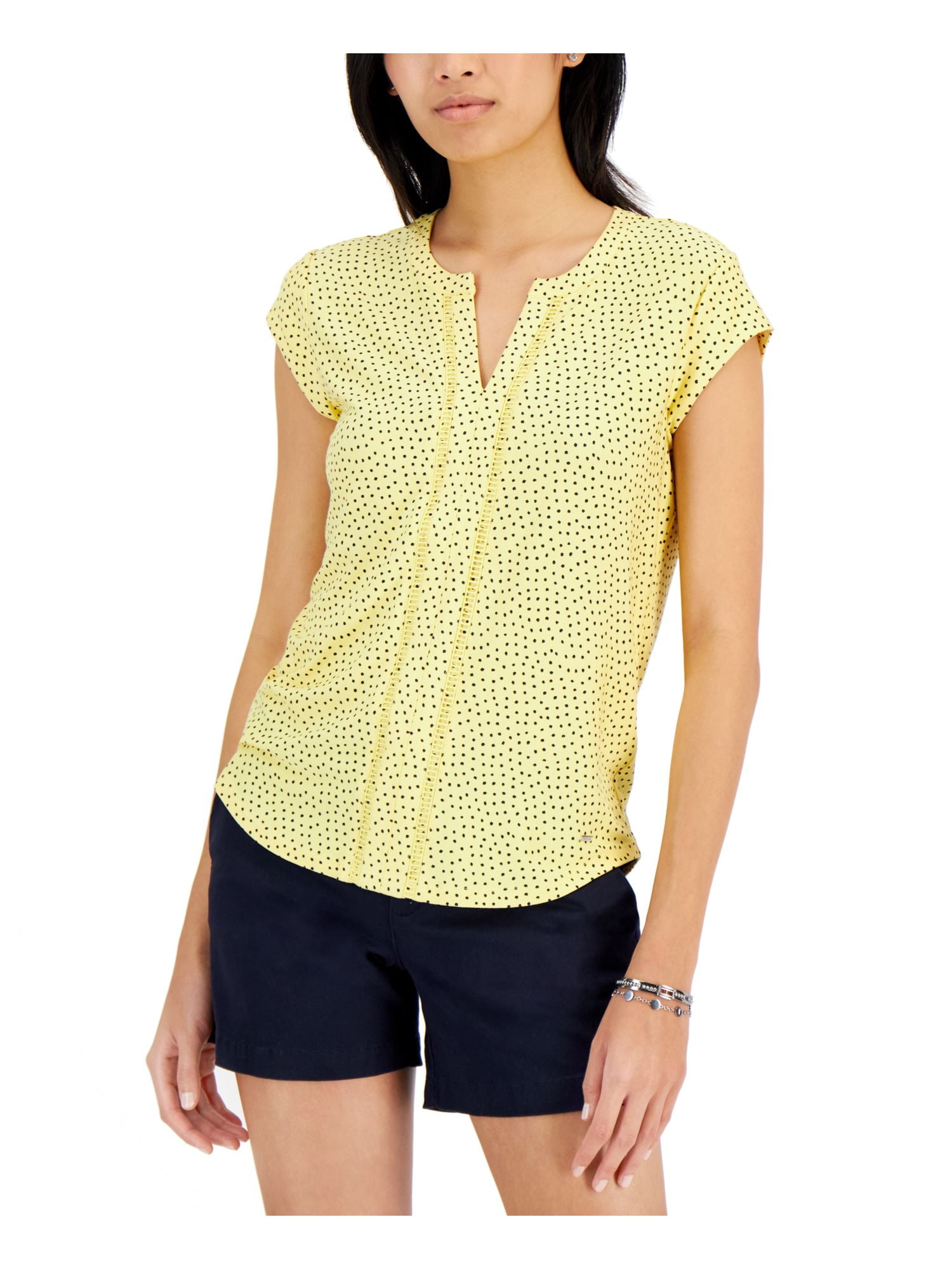 TOMMY HILFIGER Womens Yellow Polka Dot Short Sleeve Split Top XS ...