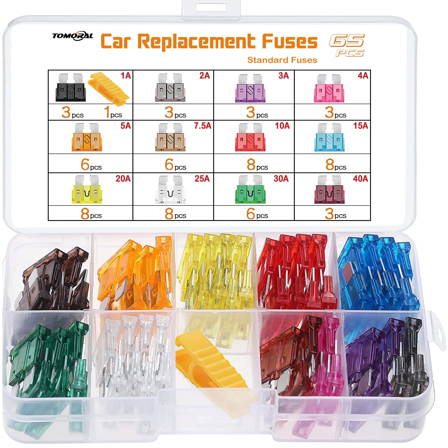 TOMORAL 65 Pcs Standard Fuses for Car Replacement Fuse, 1A 2A 3A 4A 5A ...
