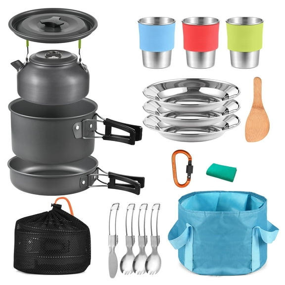 Camping Cookware Mess Kit, Portable Stove Pots and Pans Set, Carabiner ...