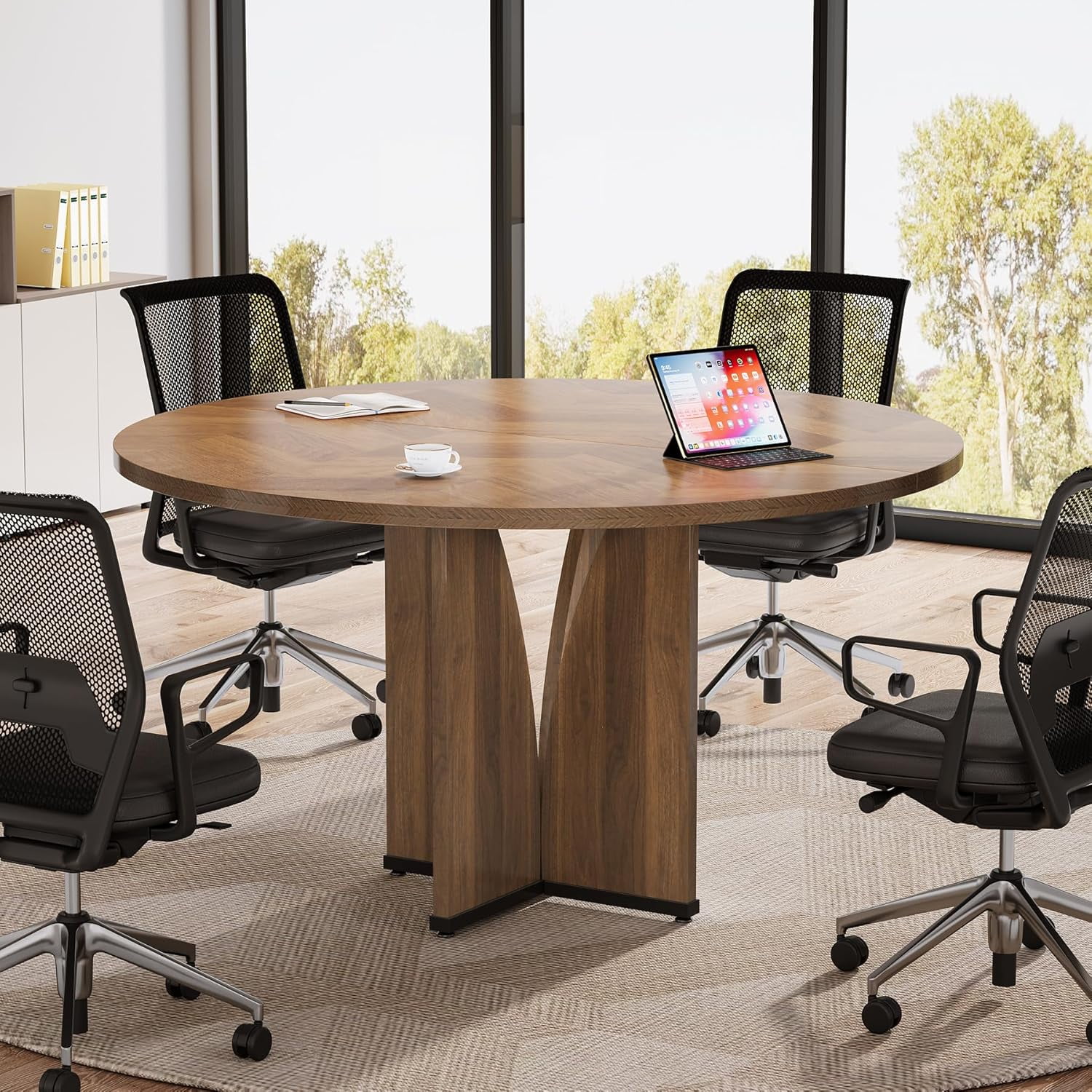 TONGW 39" Round Conference Table for 4, Modern Round Meeting Table with ...
