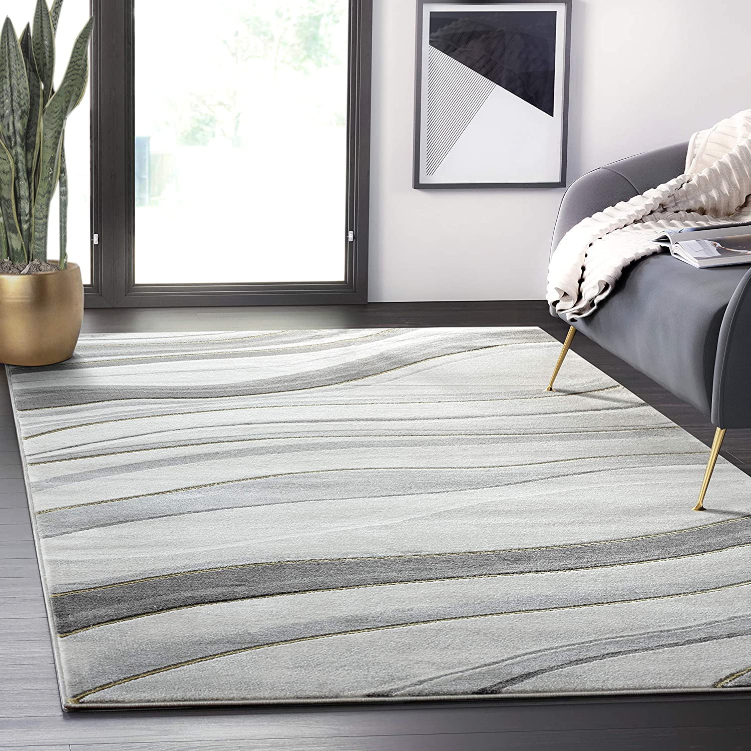 TONGW Grey & White Rugs Modern Linear Design 4' x 6' Bedroom Rug ...