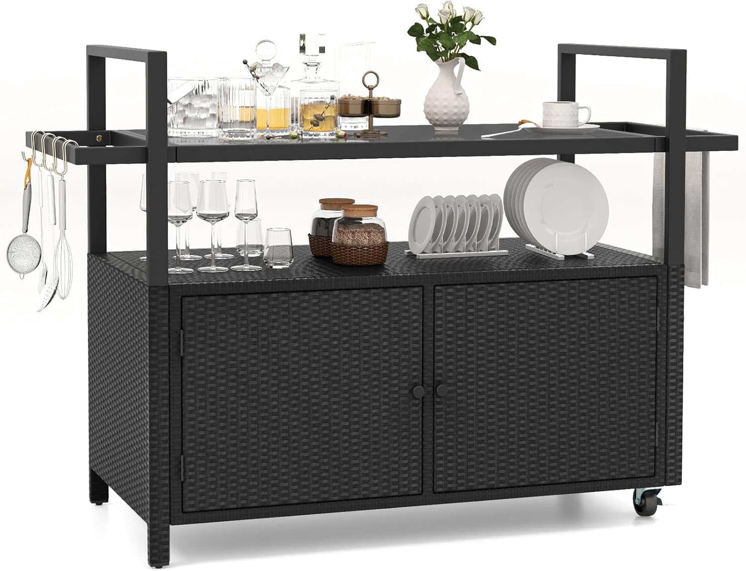 TONGW Outdoor Bar Cart Table, Patiojoy Rolling Wicker Buffet Wheeled ...