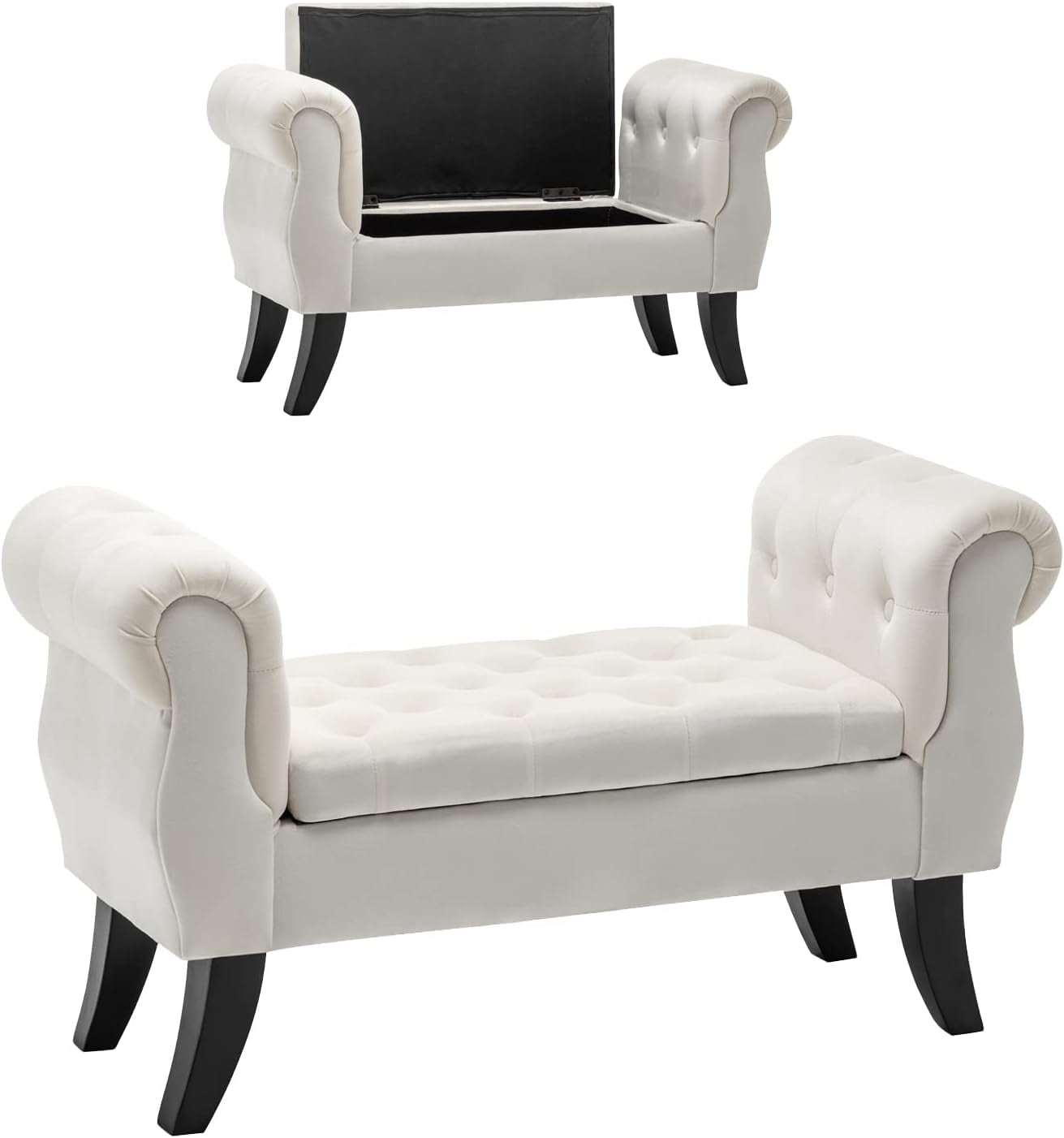 TONGW Rolled Arm Bed Bench with Storage Velvet Cushioned Bedroom ...