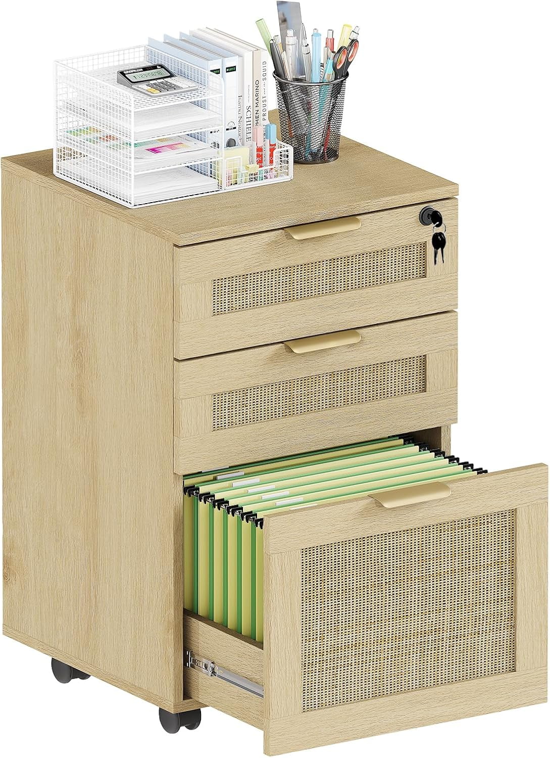 TONGWHOPUBUY 3 Drawer File Cabinet with Lock, Rattan File Cabinets with ...