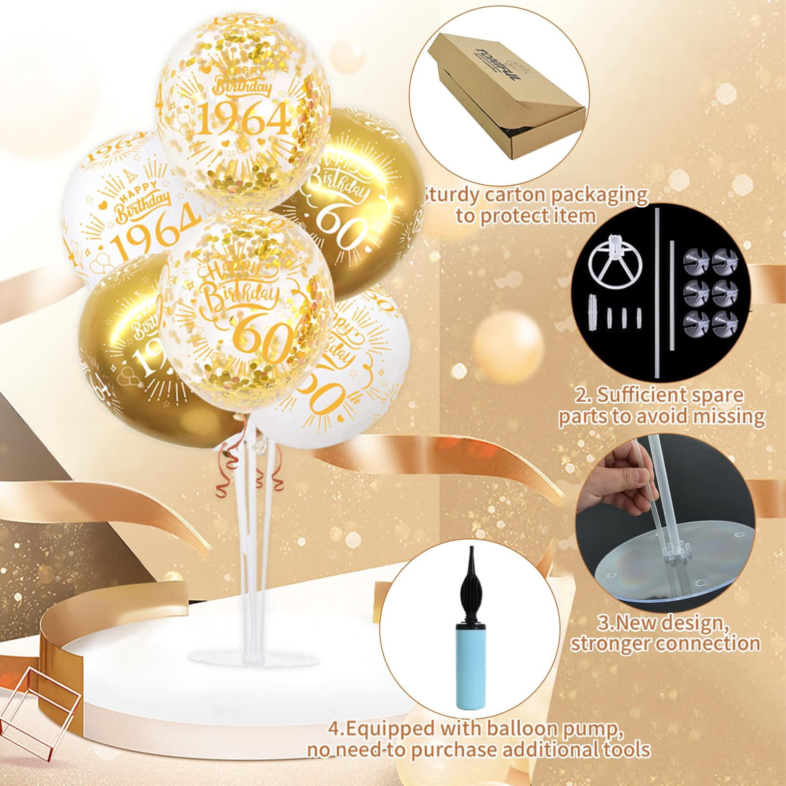 TONIFUL 4 Set AJH3 60th Birthday Decorations Balloon Bouquet White Gold ...