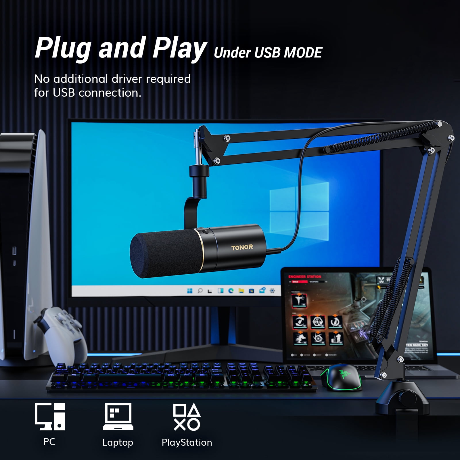 TONOR Dynamic Microphone, USB/XLR PC Microfono with Boom Arm Stand for ...