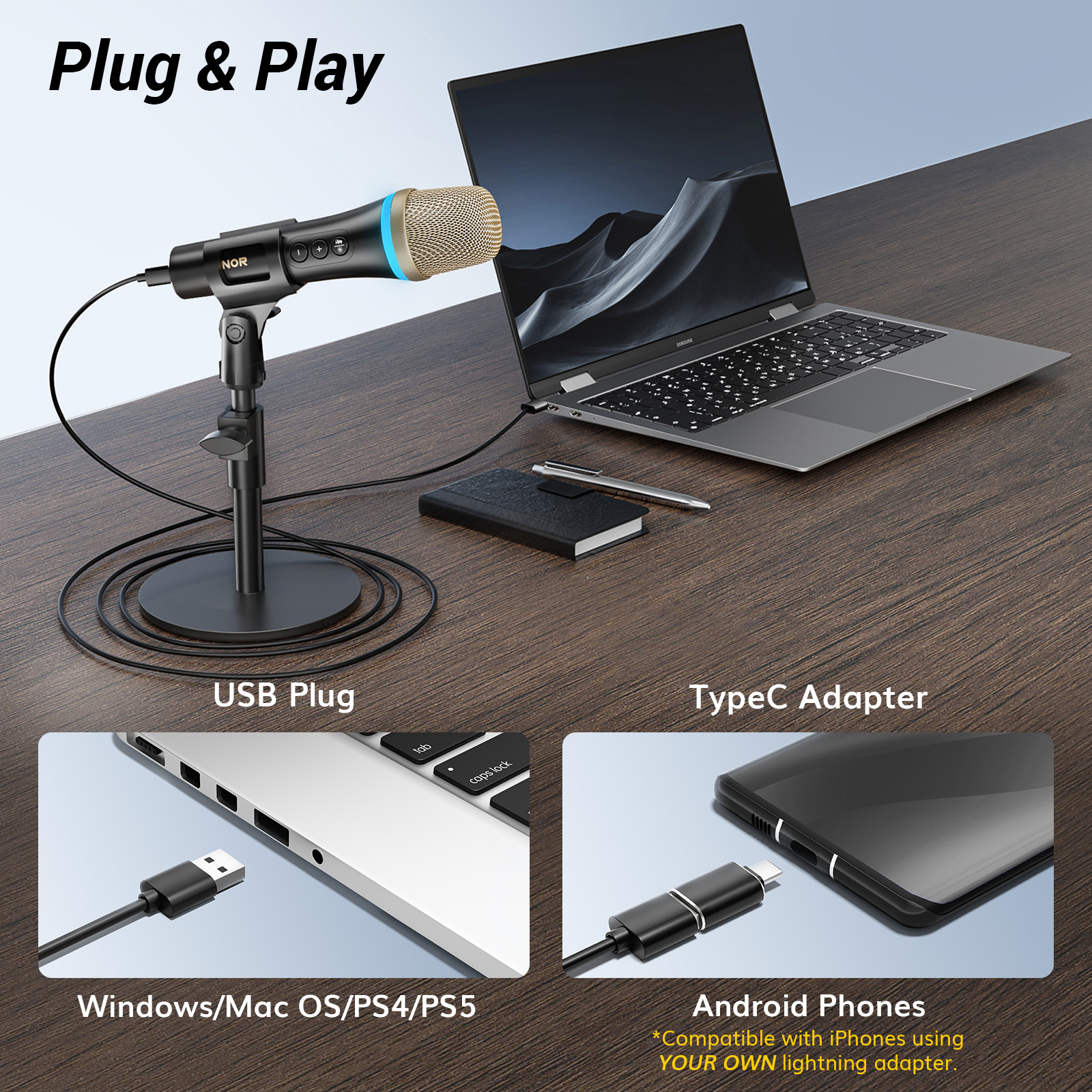 TONOR USB Dynamic Microphone for Podcast Gaming Mic with RGB for ...