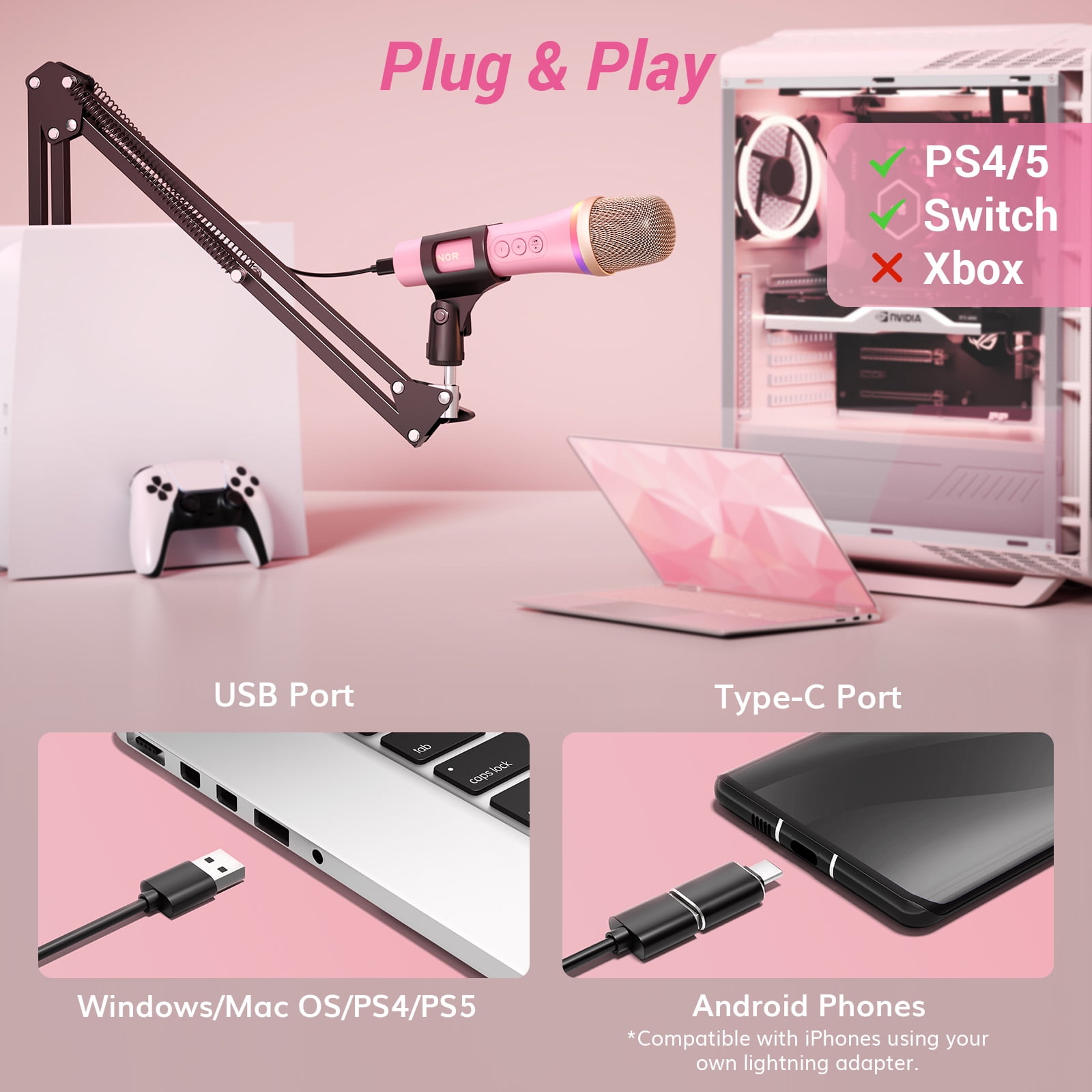 TONOR USB/Type C Dynamic Microphone for PC, RGB Podcast Computer Gaming ...