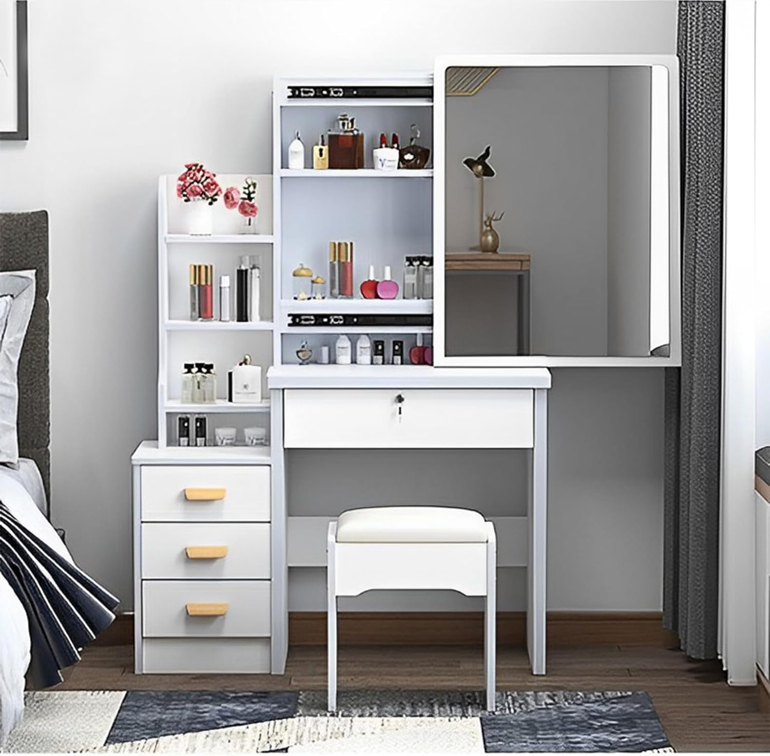 TONZE Modern Vanity Set with Cushioned Stool, 4 Slide Drawers and 3 ...