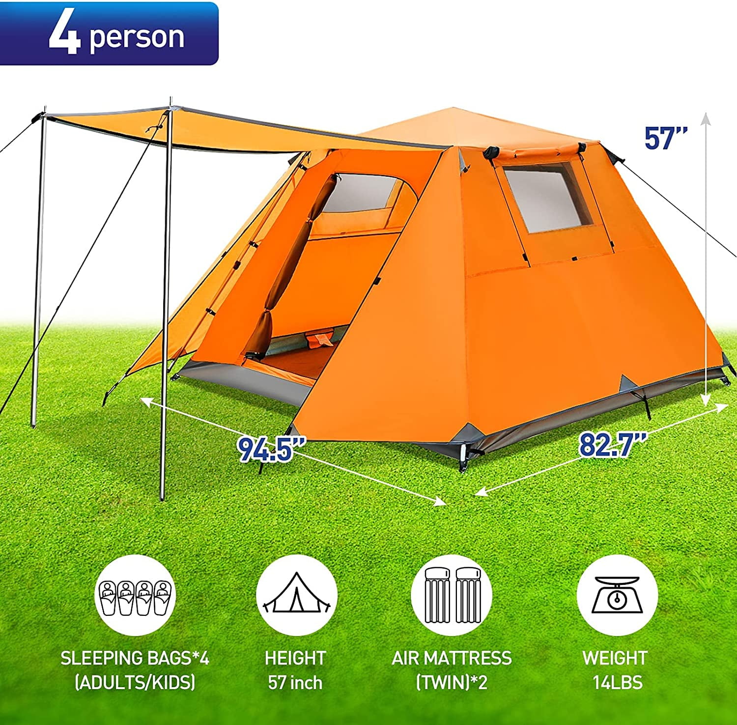 TOOCAPRO Family Camping Tent, Instant Cabin Tent 4 Person Big Tents for ...