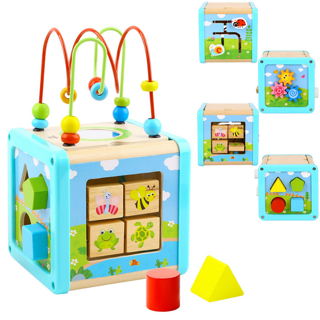 TOOKYLAND Montessori Wooden Activity Cube, Baby Learning Toy with Bead ...