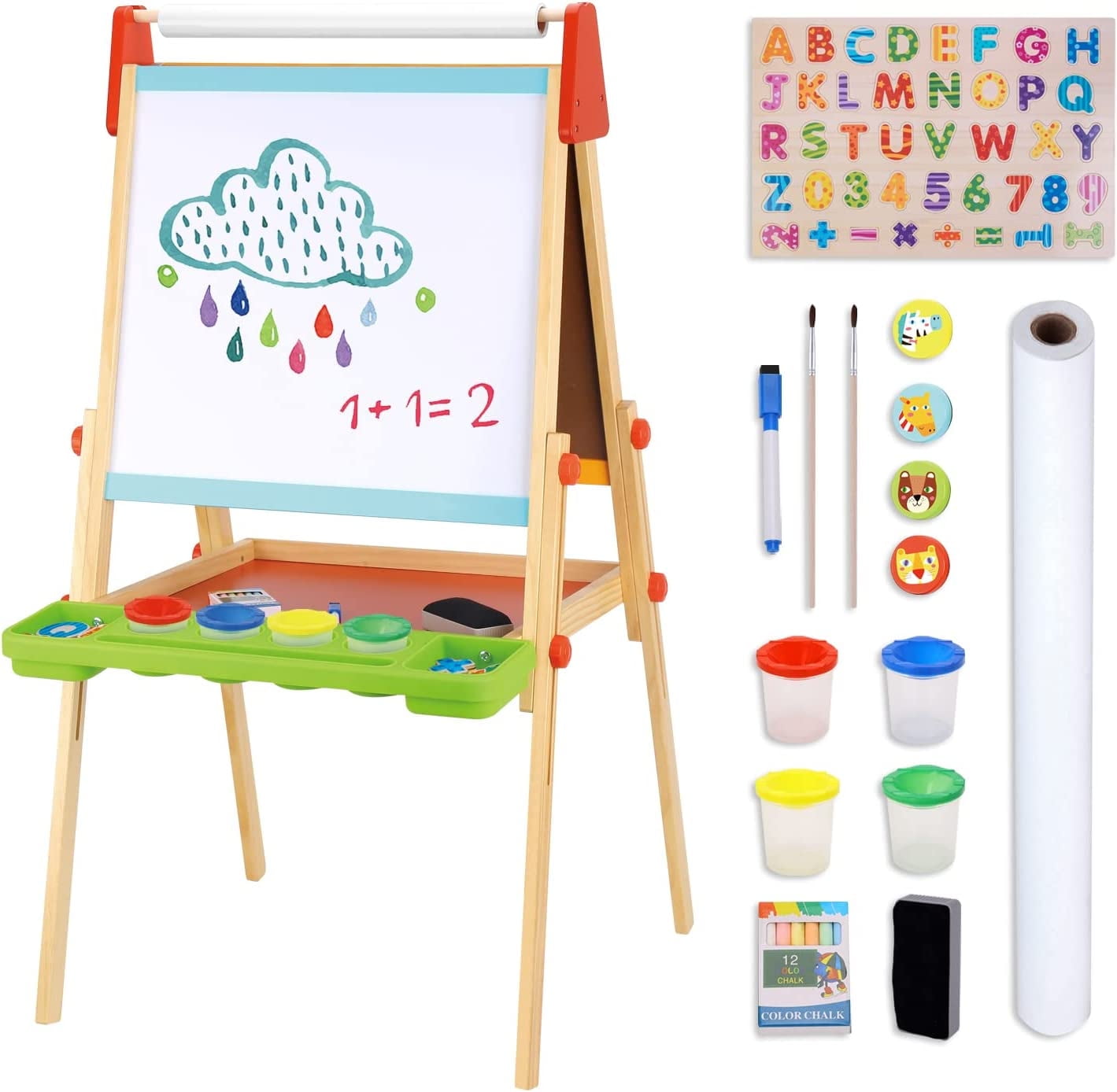 TOOKYLAND Kids' Dual-Side Wood Easel - Adjustable, Magnetic Whiteboard ...