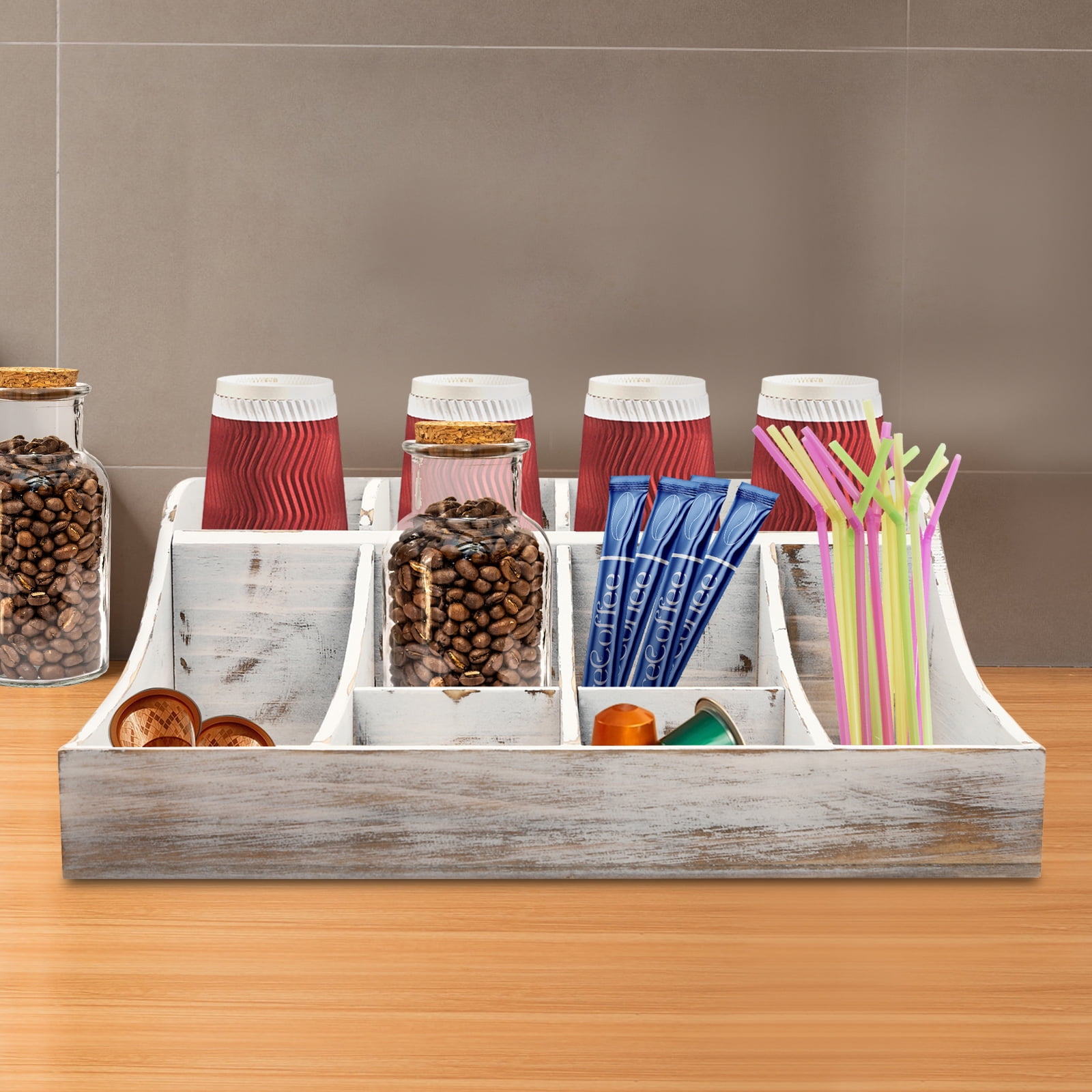 TOOL1SHOoo Condiment Organizer with 9 Compartment,Pine Wooden Condiment ...