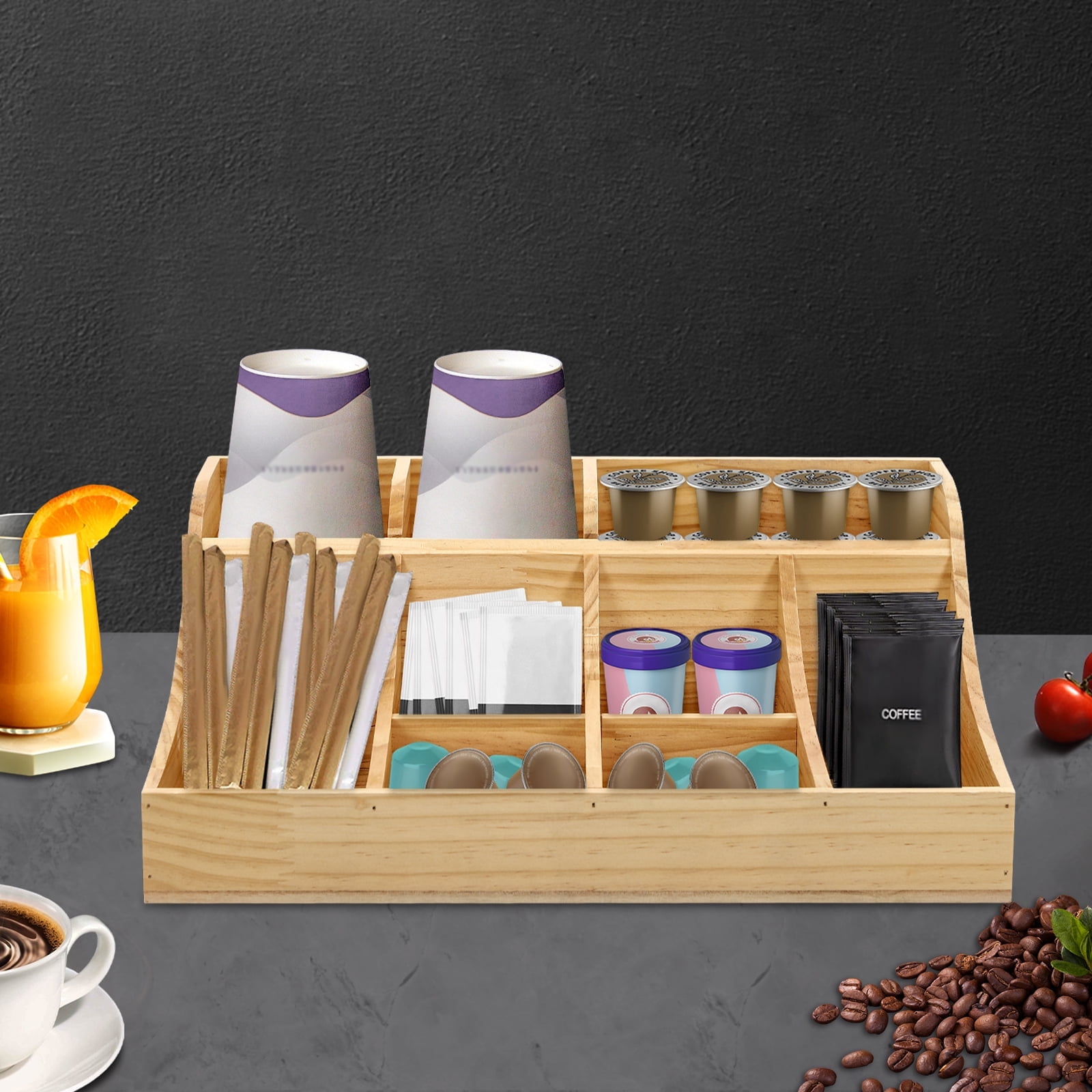 TOOL1SHOoo Condiment Organizer with 9 Compartment,Pine Wooden Condiment ...