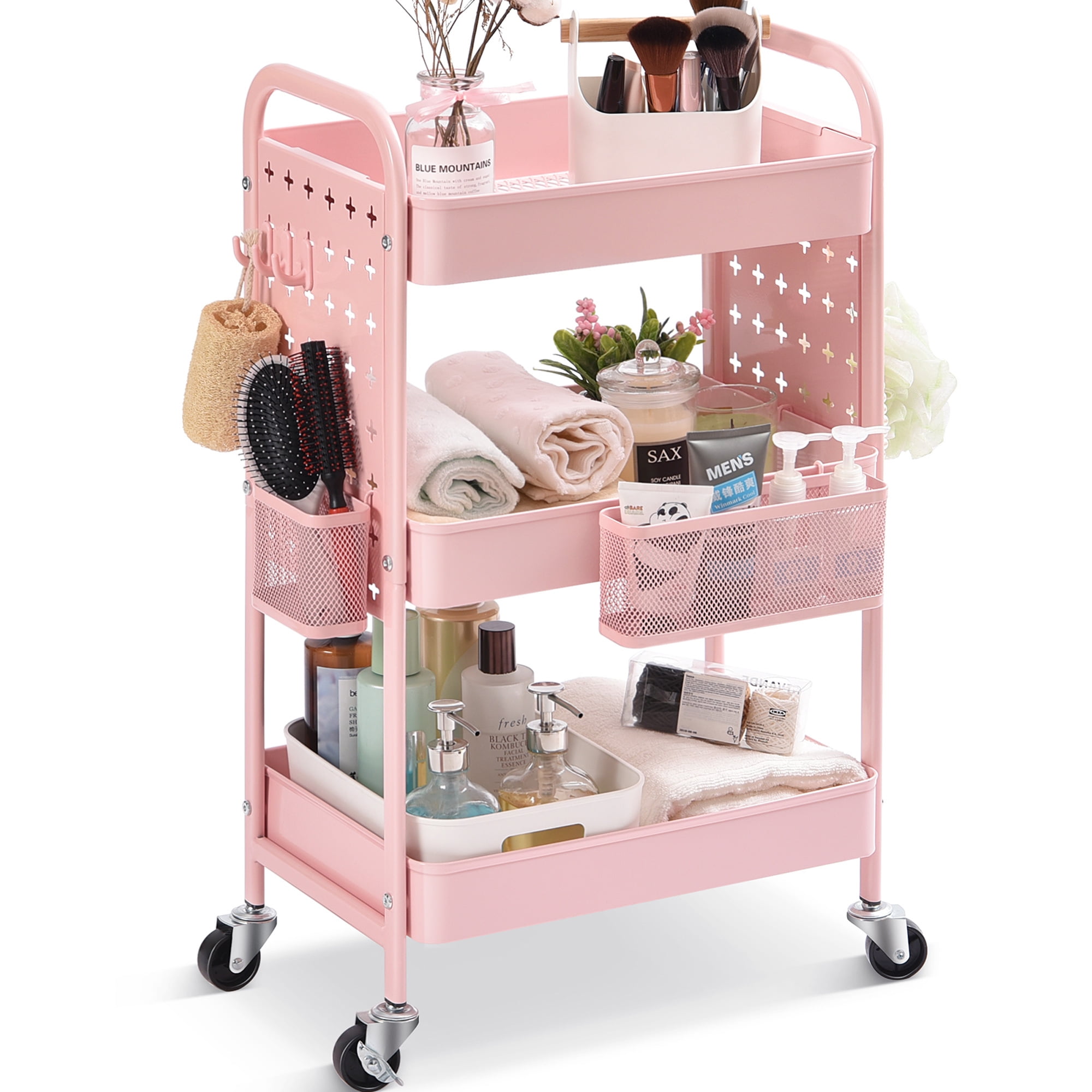 TOOLF 3-Tier Rolling Cart with Roller Wheels, DIY Dual Pegboards ...