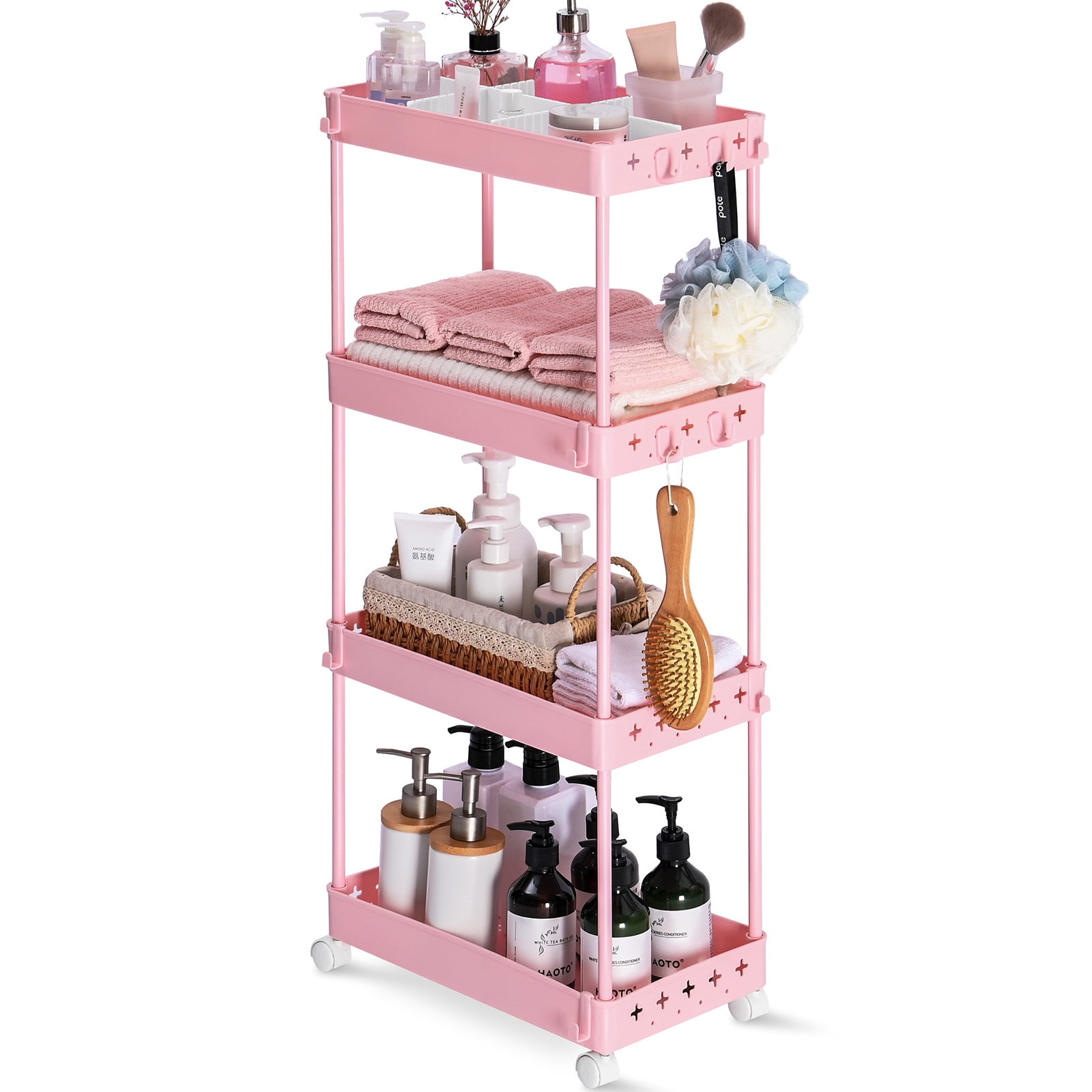 TOOLF 4-Tier Widen Rolling Trolley, Pink Office & School Storage Cart ...