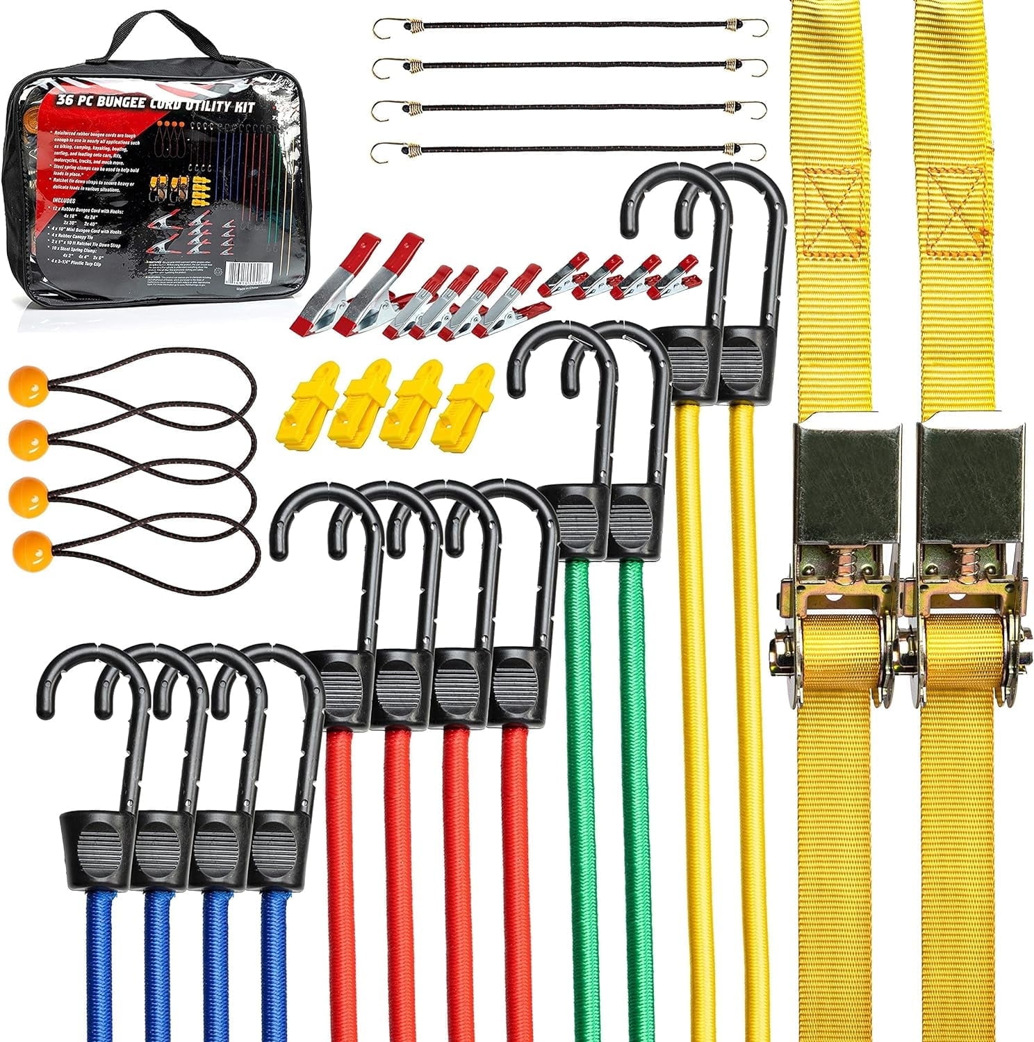 TOOLUXE 50888L Bungee Cords Kit, 36pc Assorted Bungee Cord Hooks Set ...