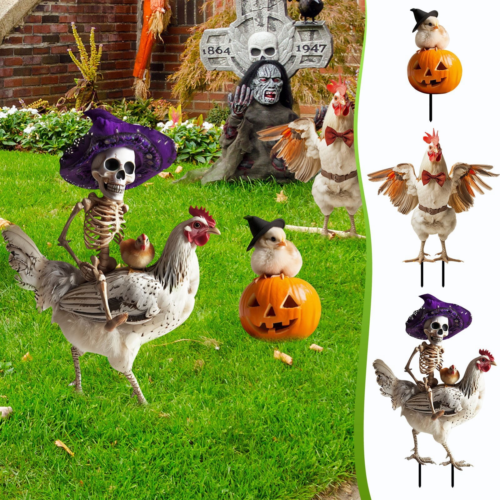 TOOPTY Skeleton Chicken Garden Stake, Metal Halloween Winged Chicken ...