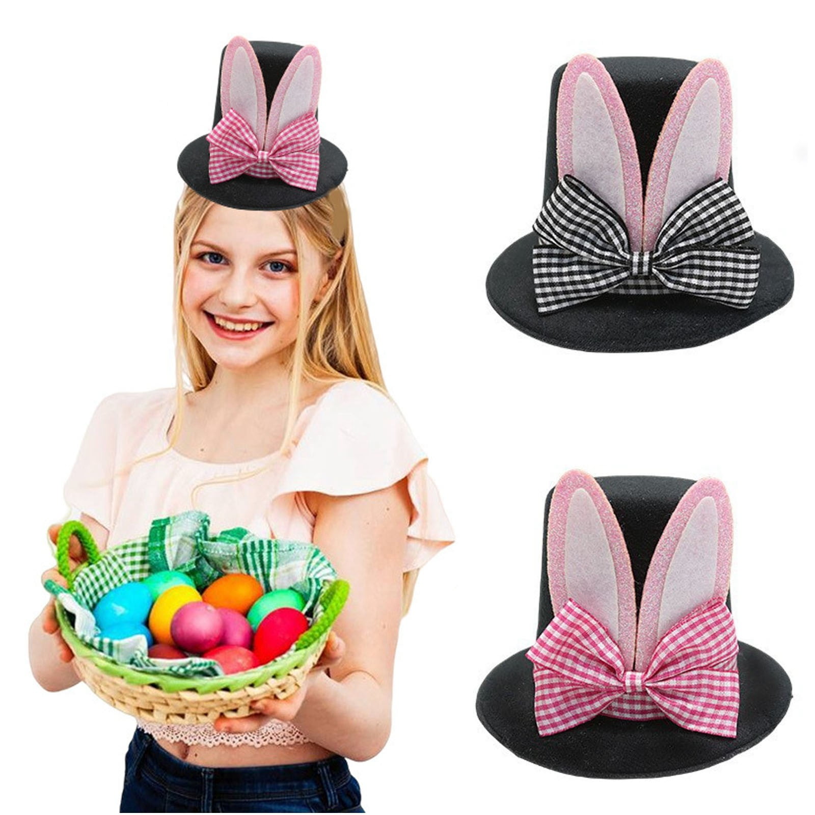 TOOYOU Easter Party Makeup Hat Plaid Bow Rabbit Ears Top Hat Headdress ...